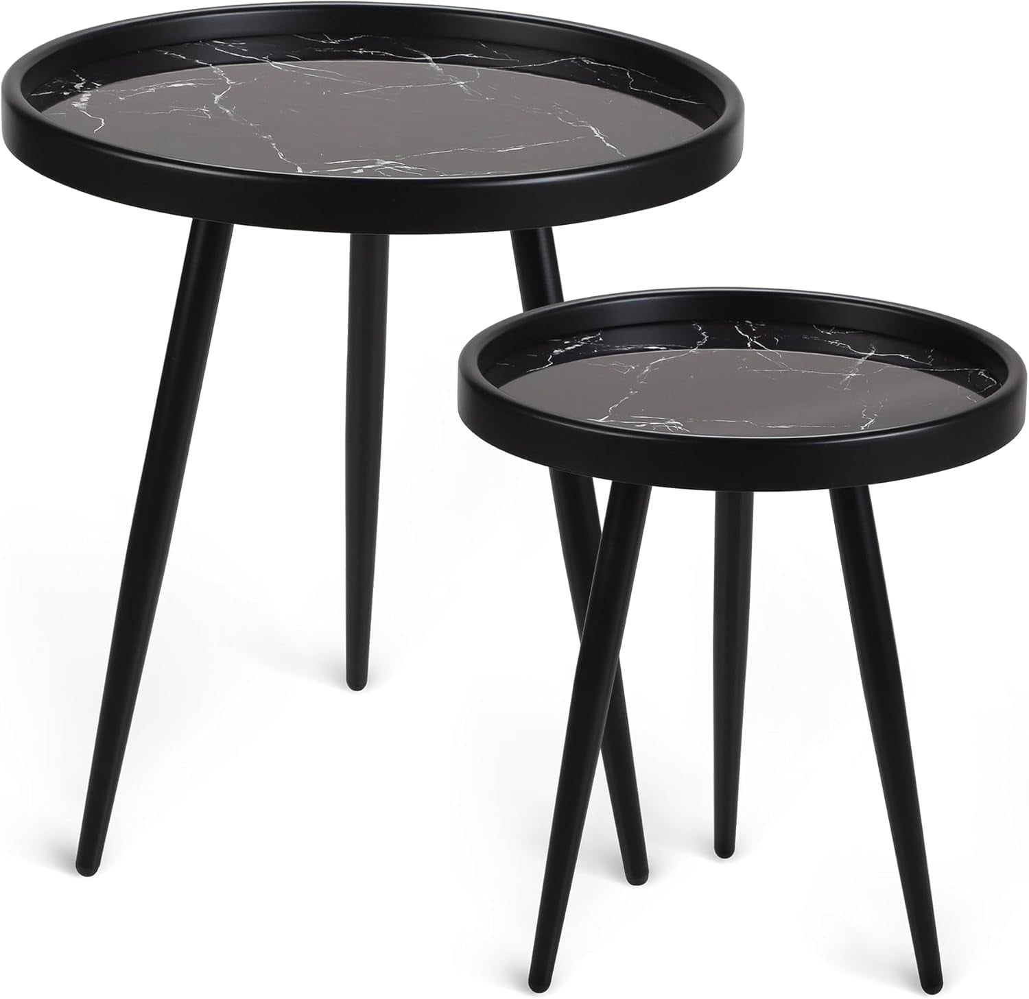 Round Side Table Set of 2,Black Marble Pattern Circle End Table,Small ...