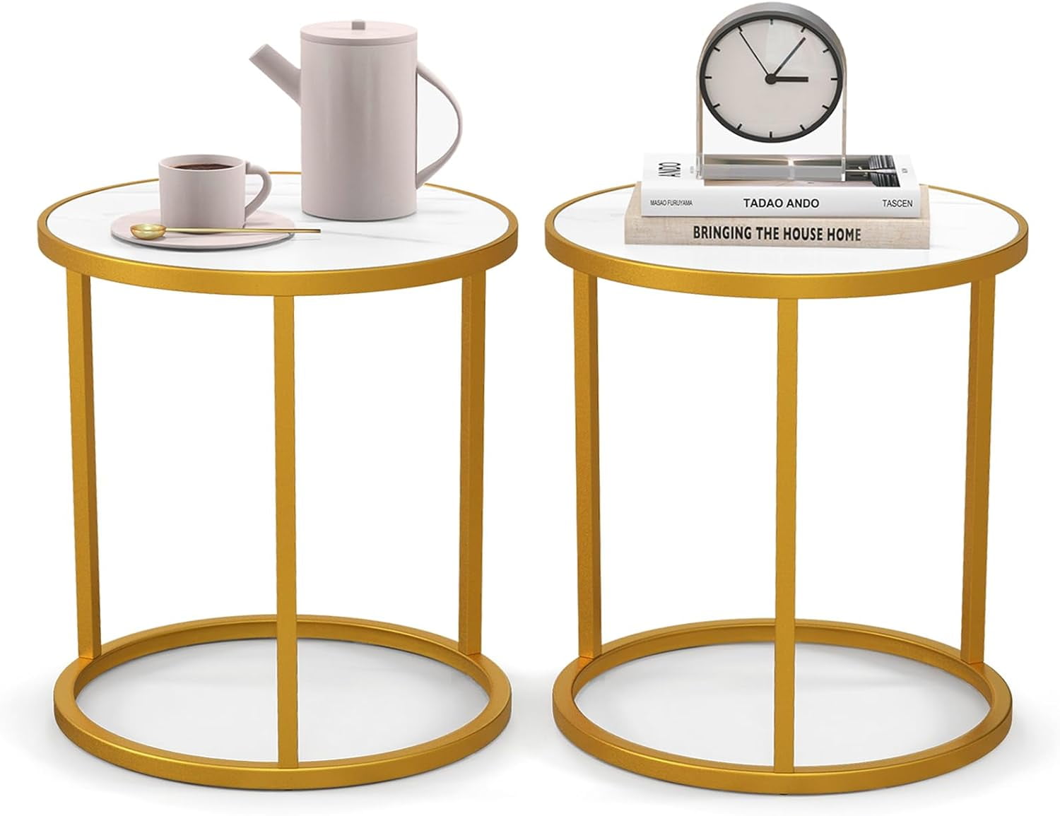 Round Side Table Set of 2, Modern End Table with Golden Metal Frame and ...