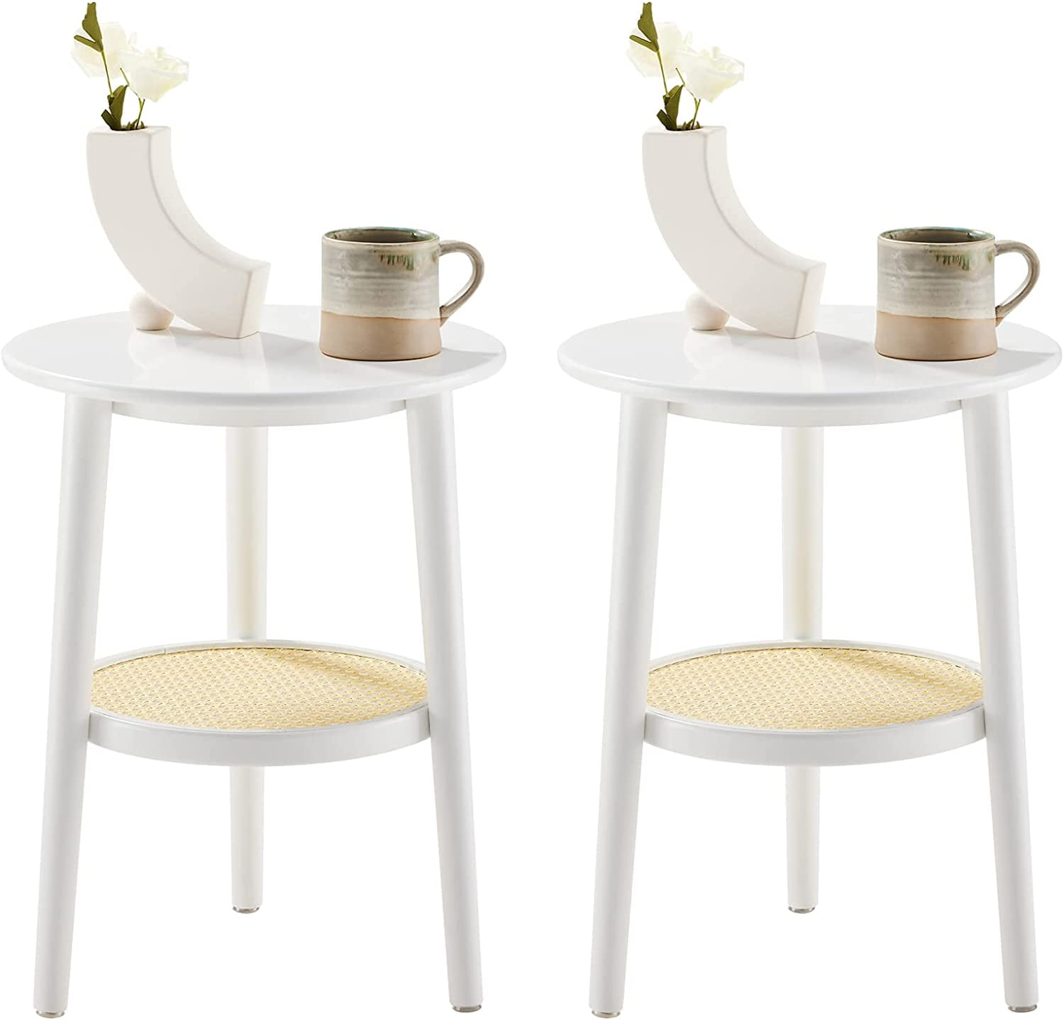 Round Side Table Set of 2, White Rattan Nightstand Bedside Table with ...