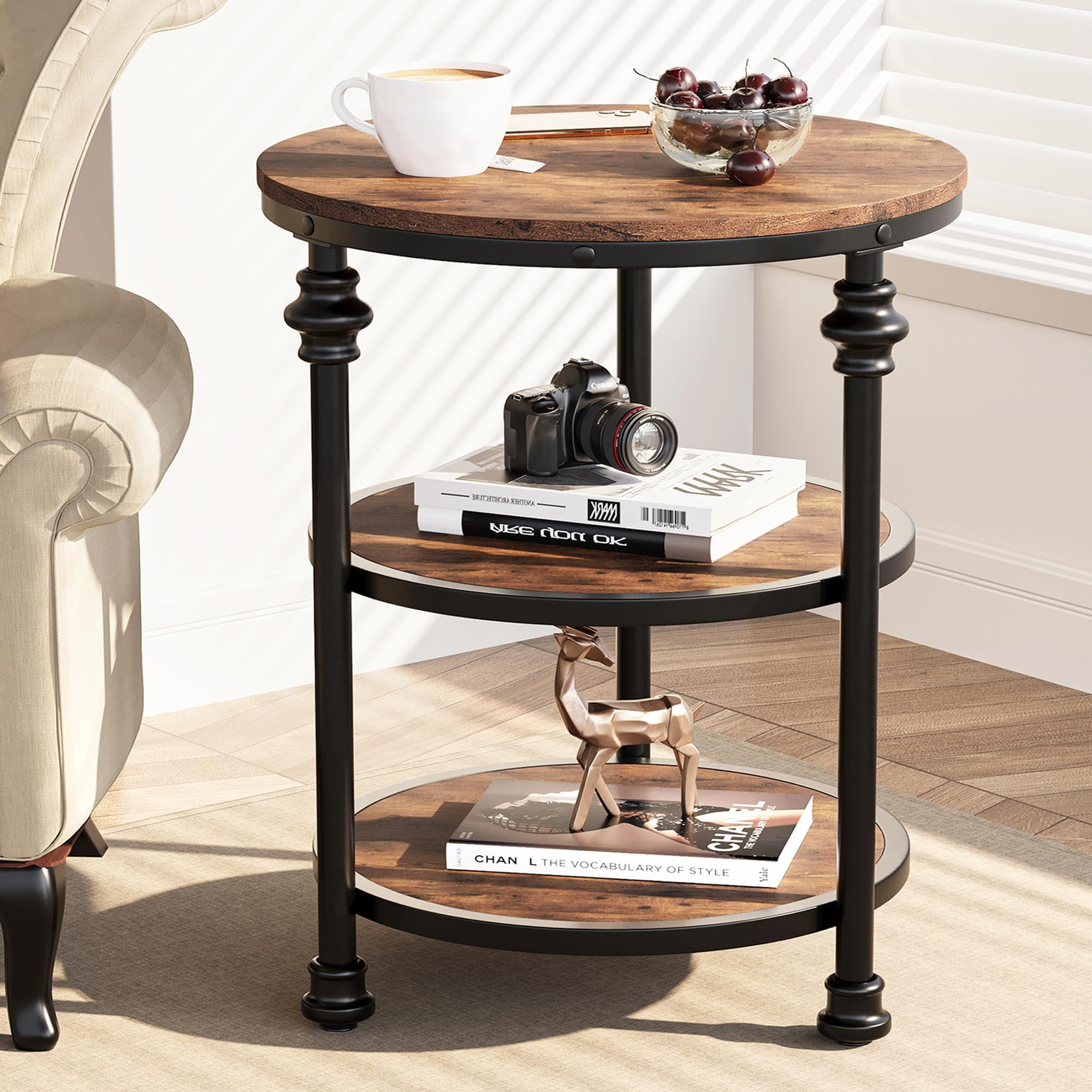 Round Side Table,Small End Table with 3 Shelves for Living Room,Bedroom ...