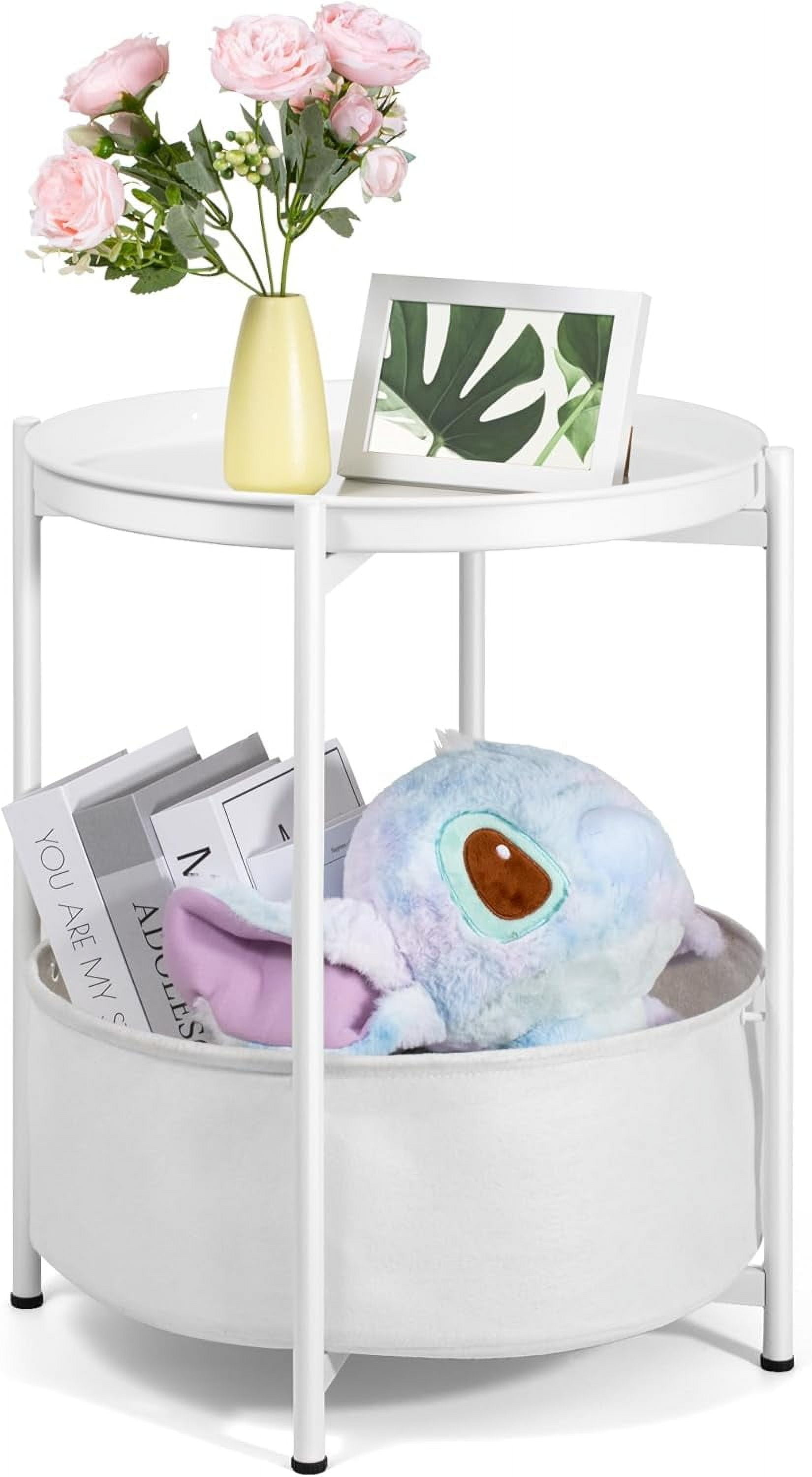 Round Side Table, White End Table with Storage Basket, Metal Night ...