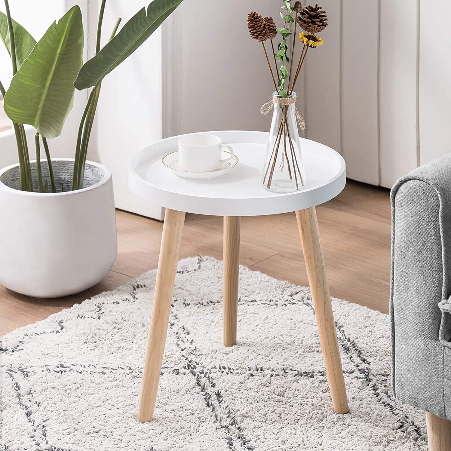 Round Side Table, White Tray Nightstand Coffee End Table for Living ...
