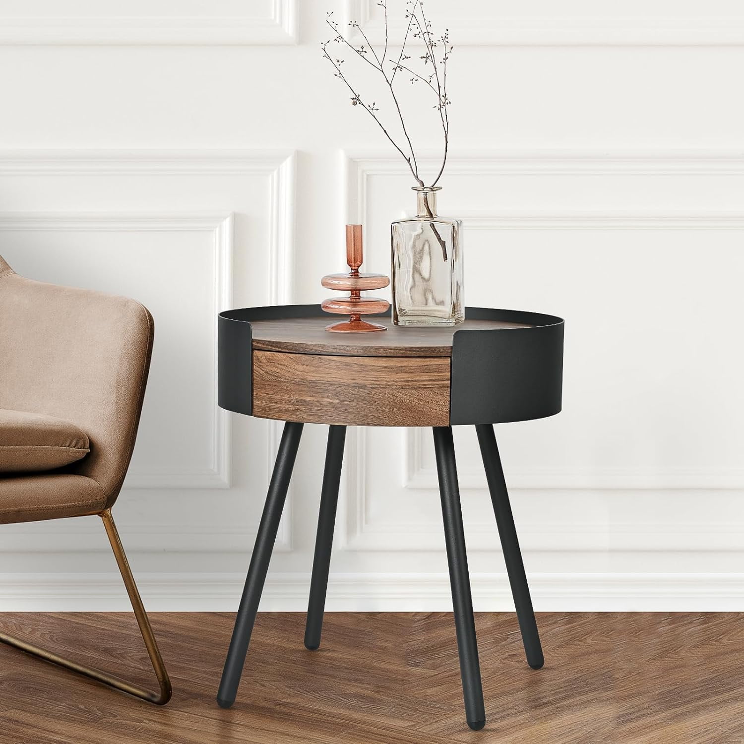 Round Side Table with Hidden Drawer, End Table for Living Room, Bedroom ...