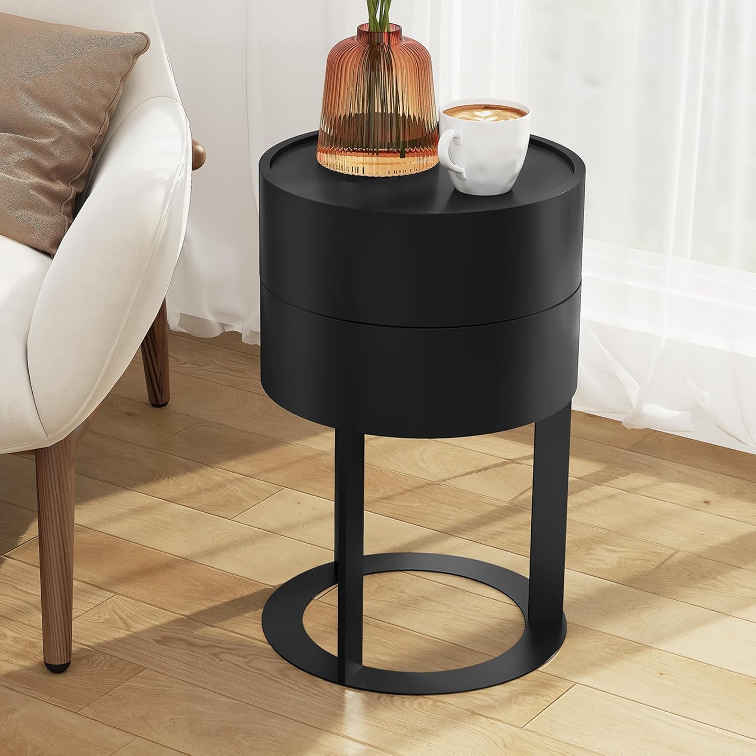 Round Side Table with Hidden Storage Drawers, Modern Nightstand with ...