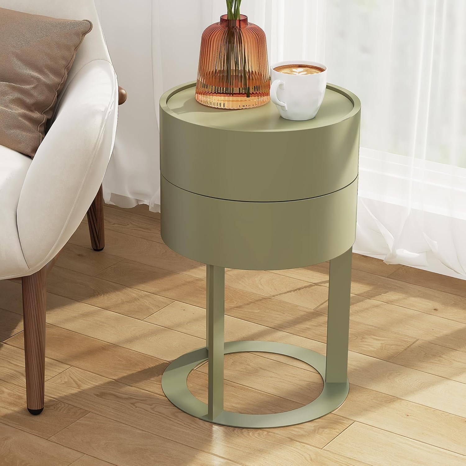 Round Side Table with Hidden Storage Drawers, Modern Nightstand with ...