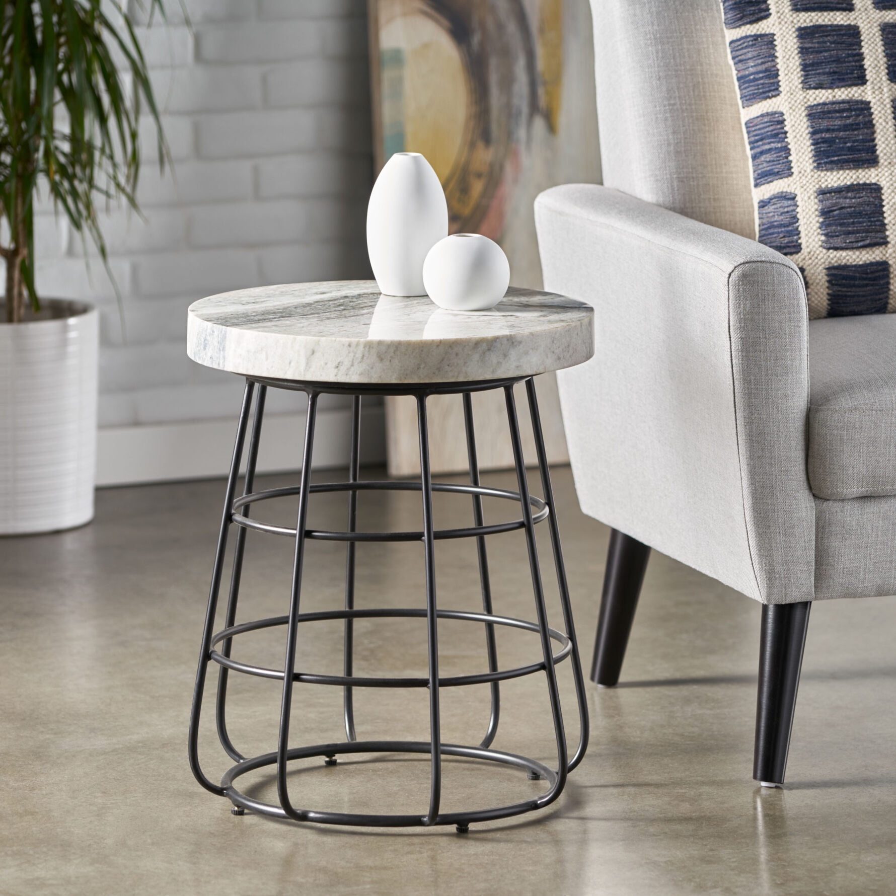Round Side Table with Metal Frame, Nightstand/Small End Tables, MDF ...