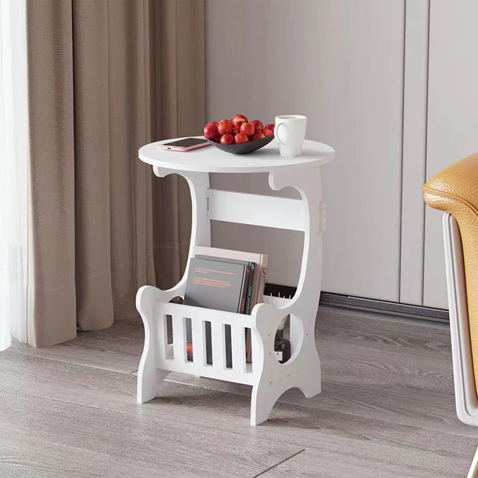 Round Side Table with Storage Basket Wooden Small Bedside Nightstand ...