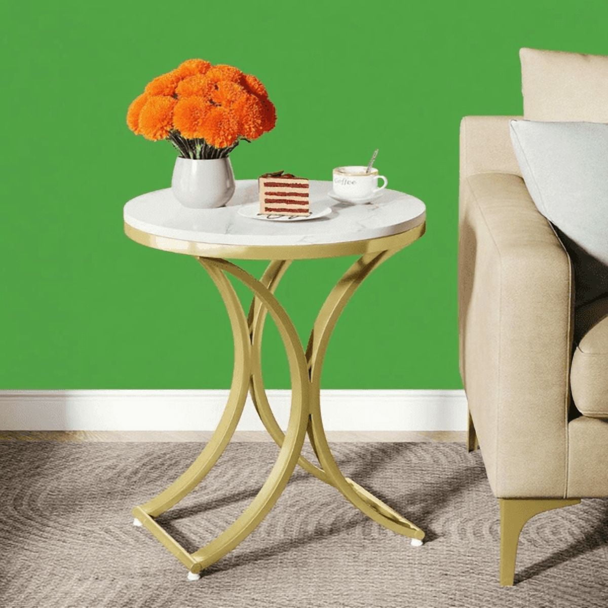 Round Side Table with White Marble Top & Gold Base, Small End Table for ...