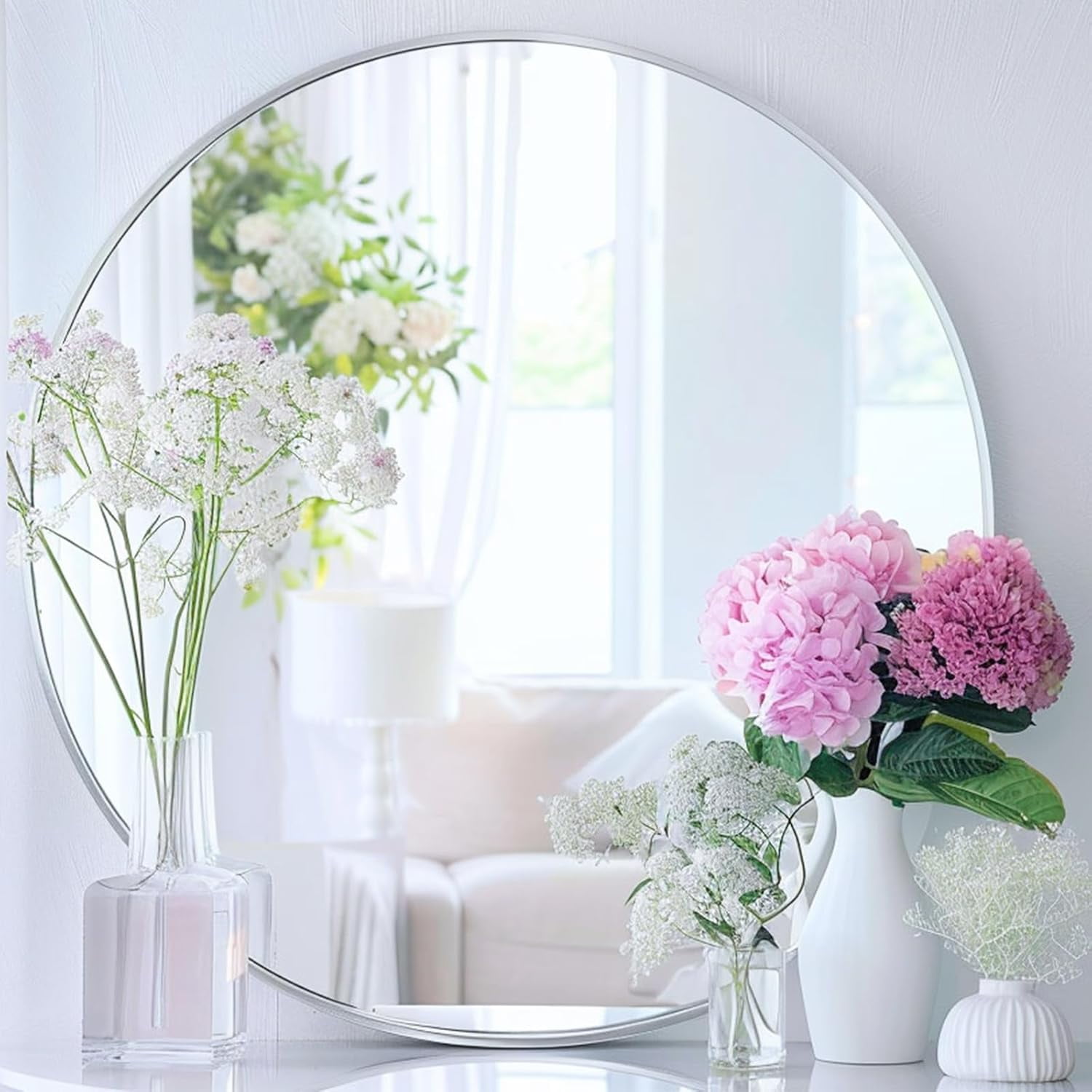 Round Silver Mirror, Round Mirror 30 inch, Metal Frame Chrome, Silver ...