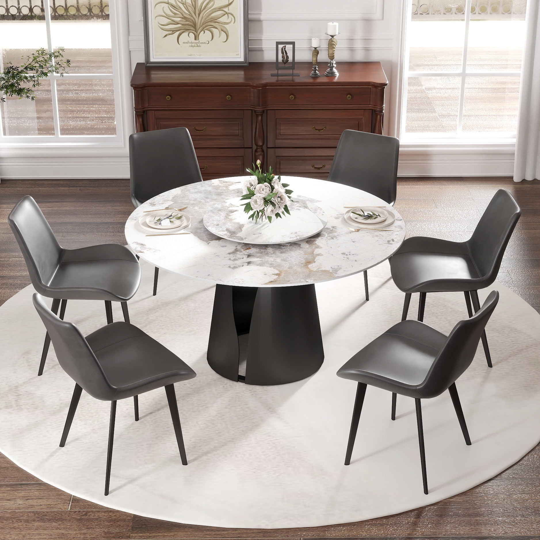 Round Sintered Stone Dining Table Set | Fits 6, Rotating Function for ...
