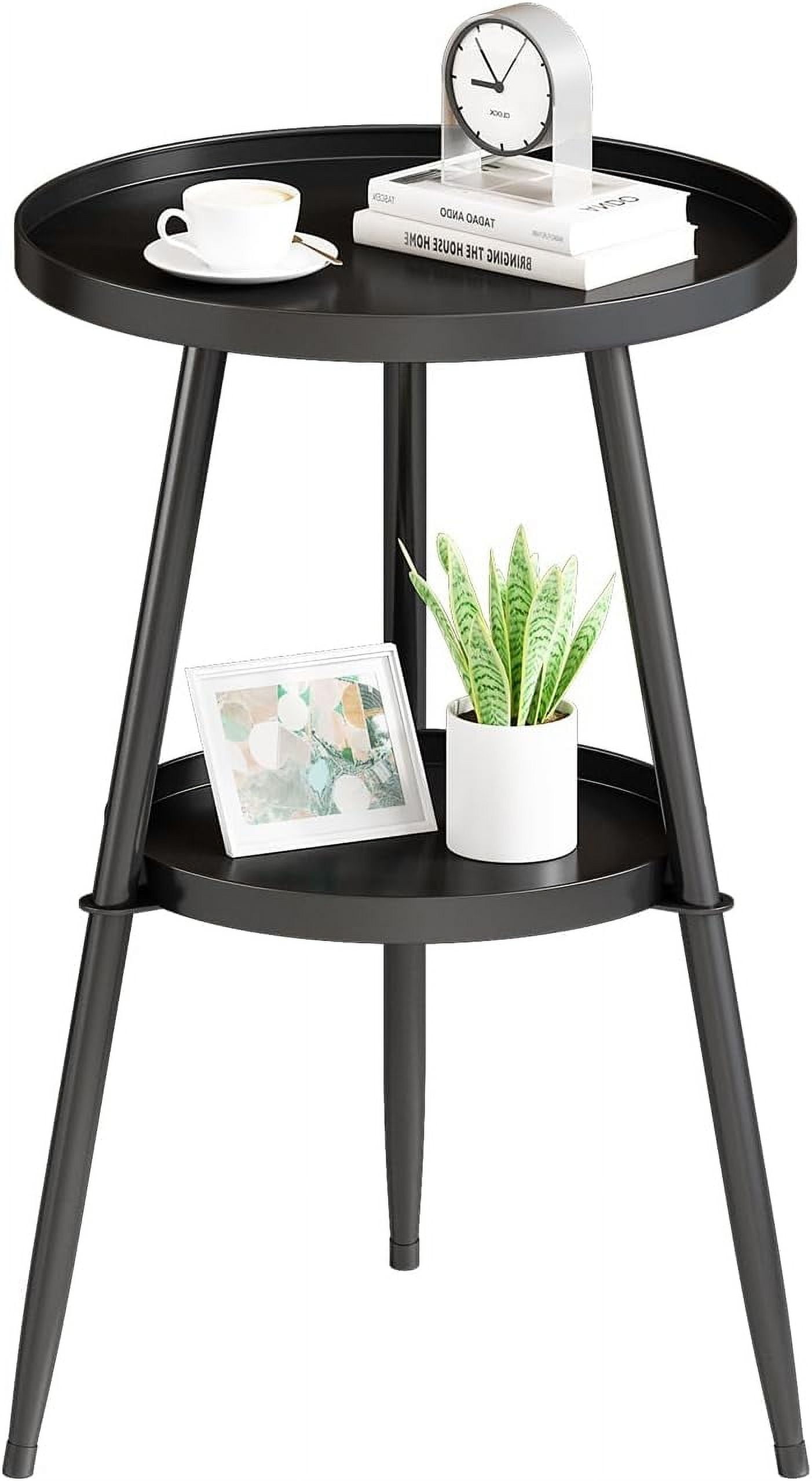 Round Small Black Side Table,2 Tier Modern Metal Tall End Table Circle ...