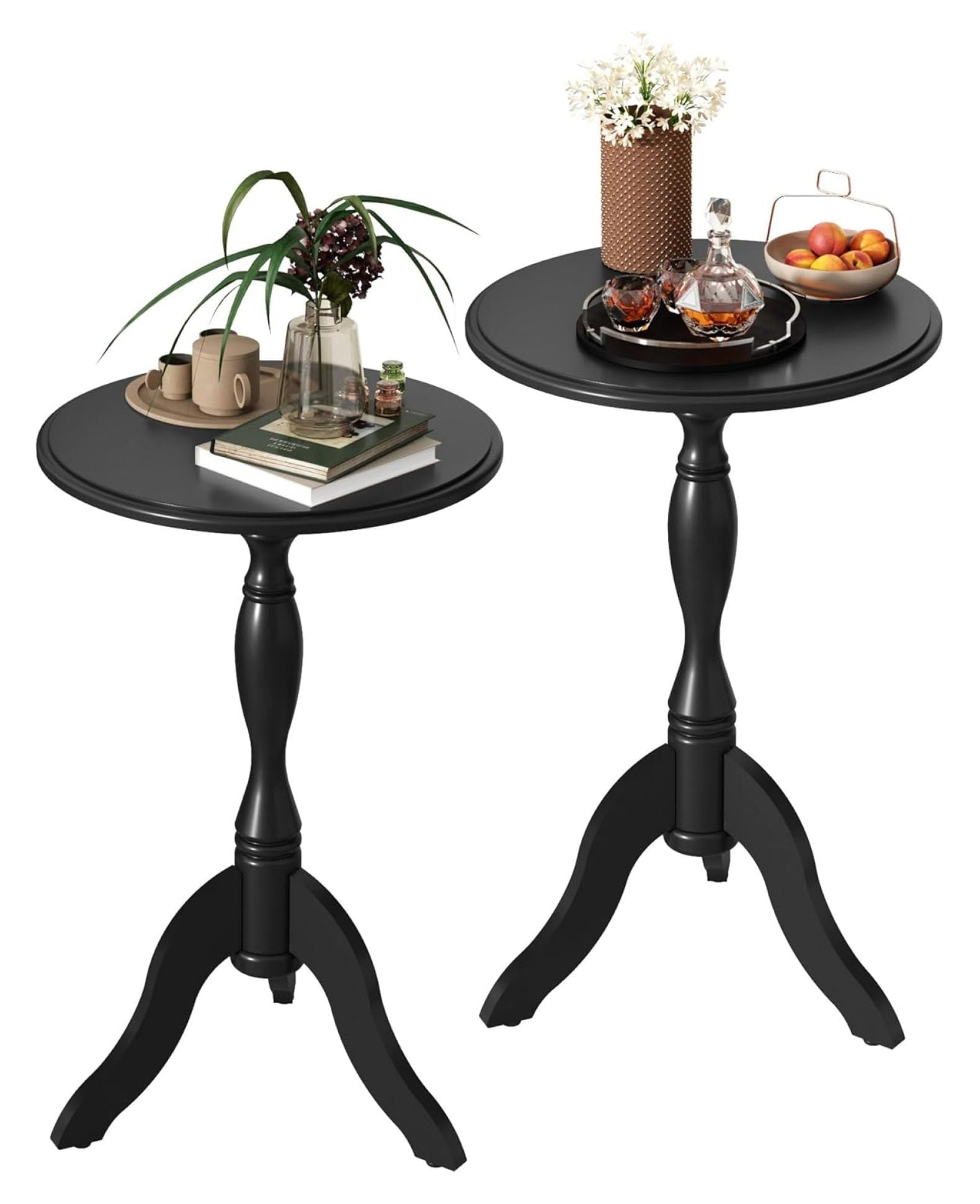 Round Small End Table Set of 2, Wooden Side Table, 2PCS Pedestal Side ...