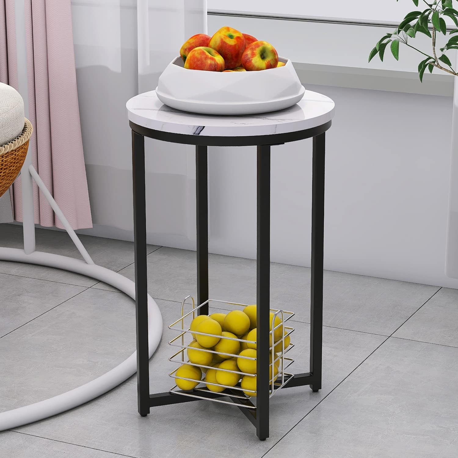 Round Small End Table, Side Table Wood Faux Marble Tabletop & Metal ...