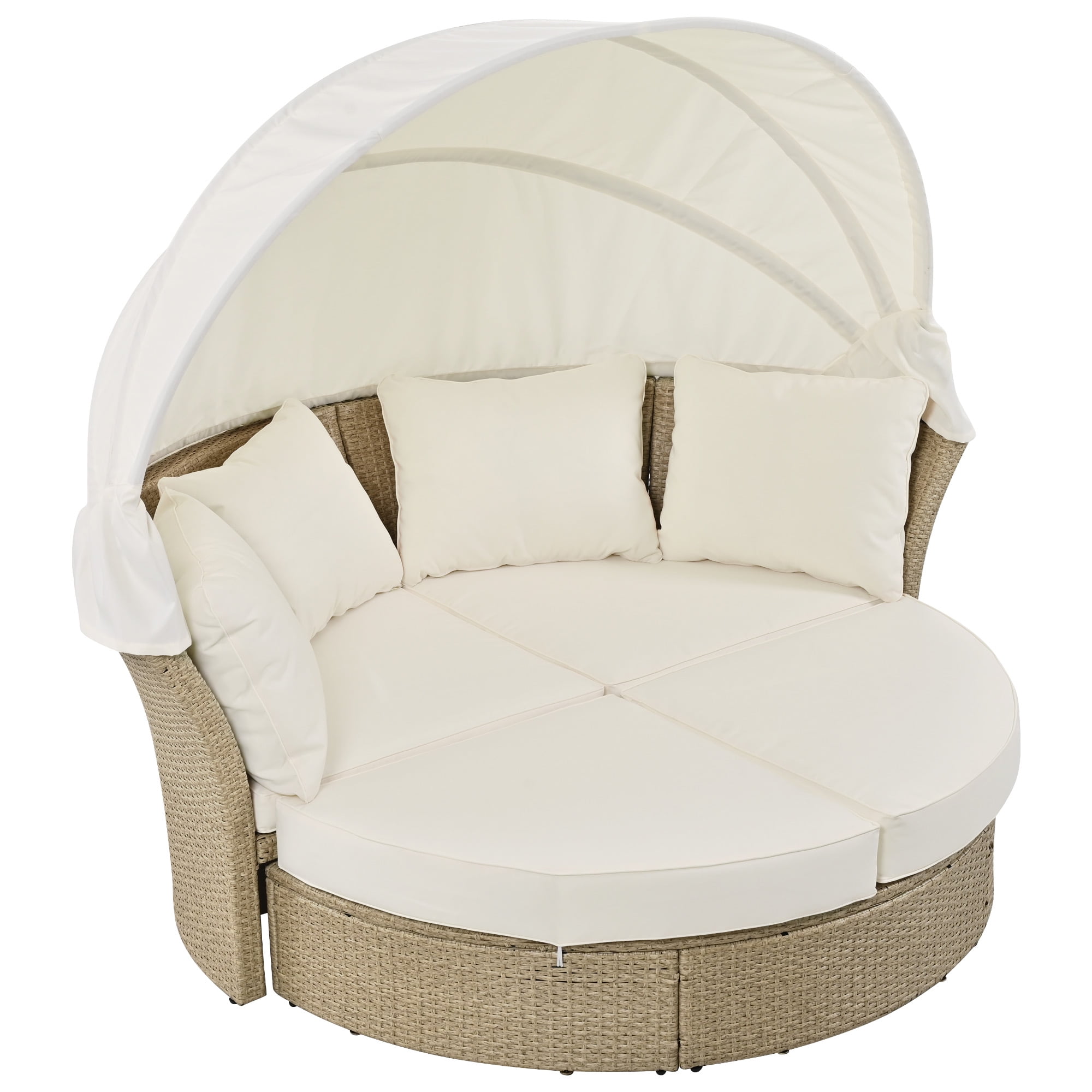Round Sofa, Outdoor Patio Daybed With Retractable Canopy, 4 Pillows ...
