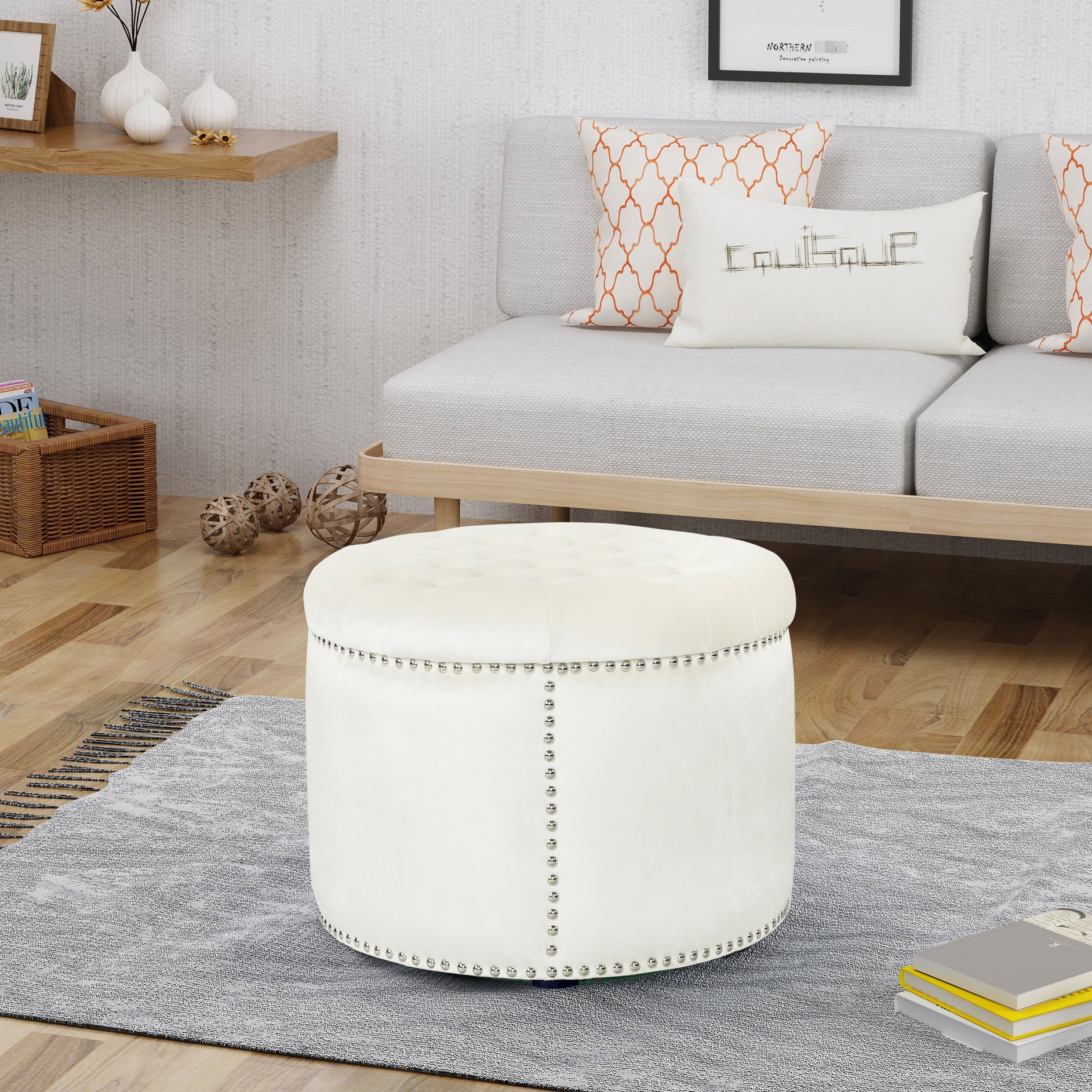 Round In Soft Velvet With Studded Accents, Wooden Frame For Living Area, Extra Seating Or Foot ...