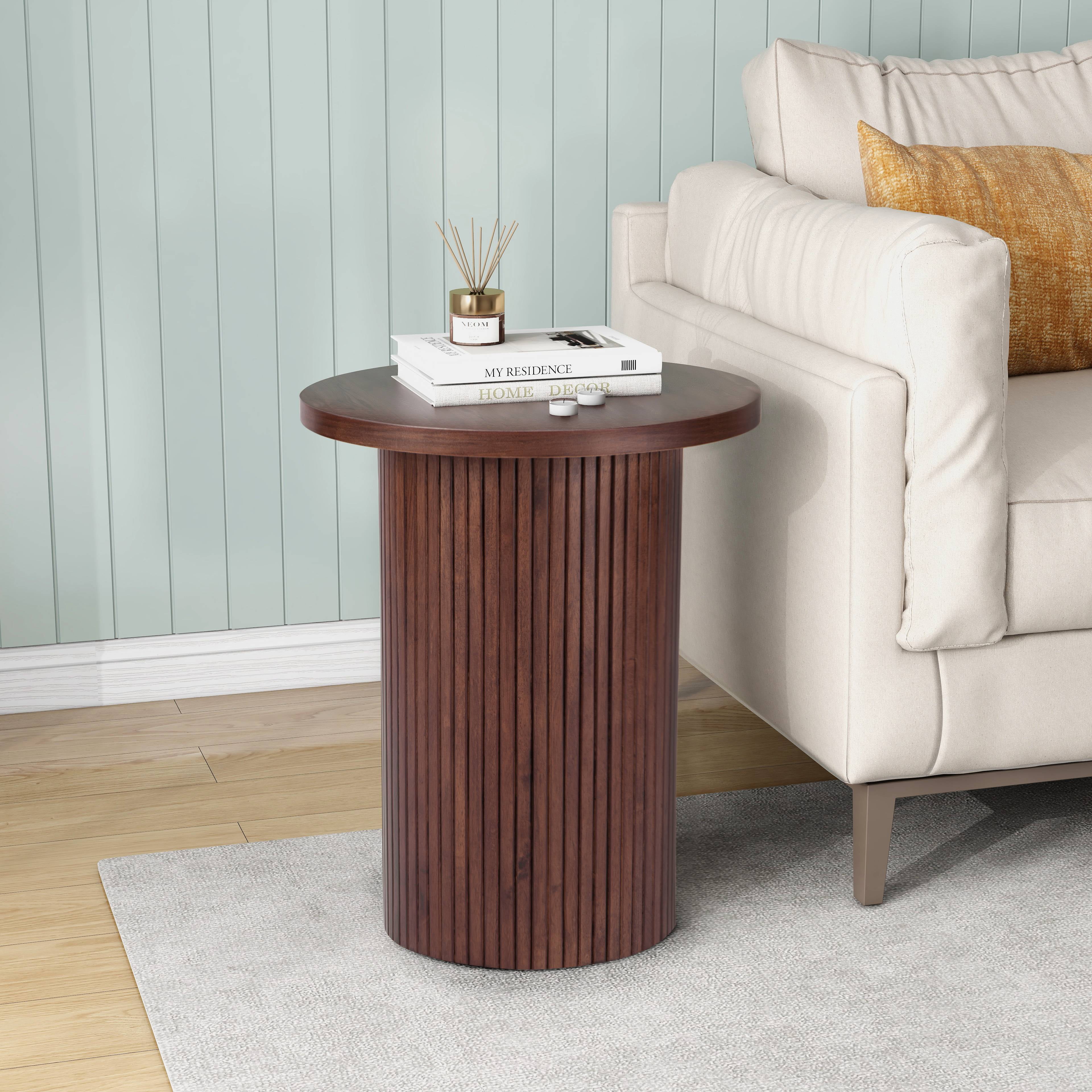 Round Solid Wood End Table Brown Pedestal Side Table Living Room Furniture Accent End Table with ...