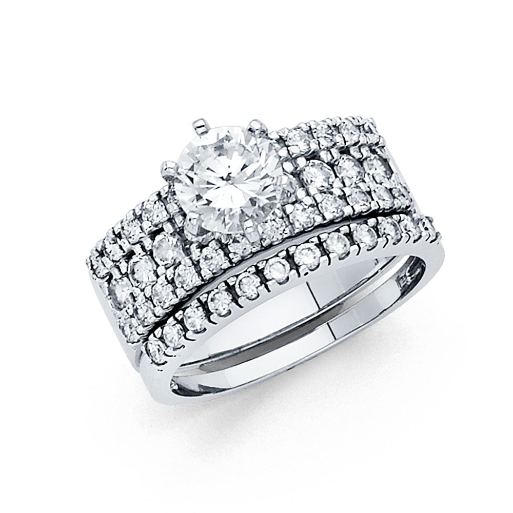 Round Solitaire CZ Bridal Rings Set 14k White Gold CZ Engagement Ring ...