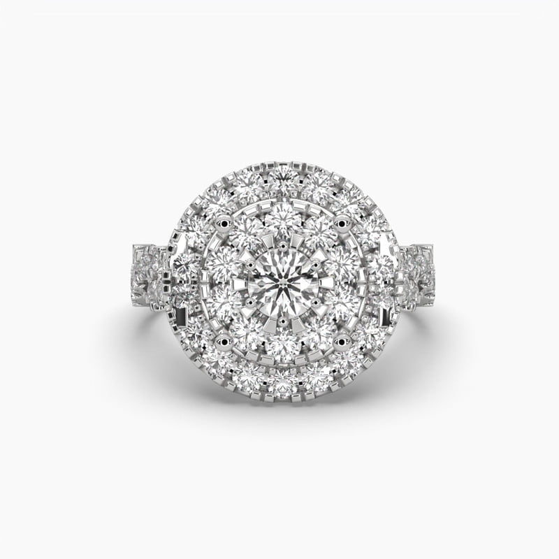 Round Solitaire Moissanite 18k Double Halo Twisted Shank Pave Ring ...