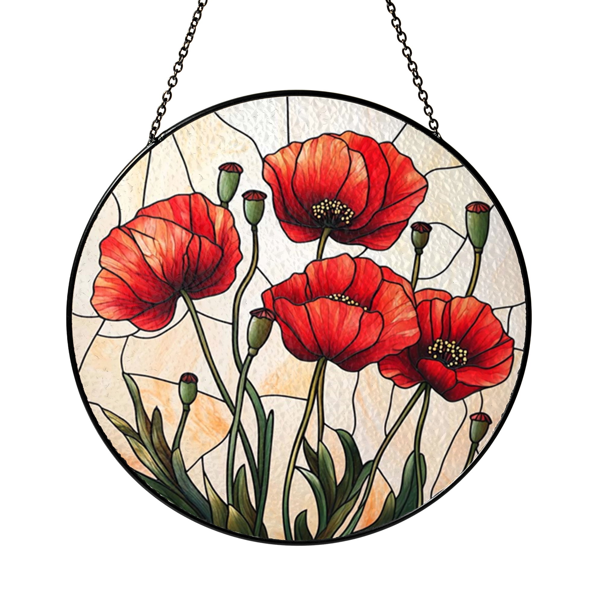 Round Stained Glass Red Poppy Window Art Botanical Floral Scene ...