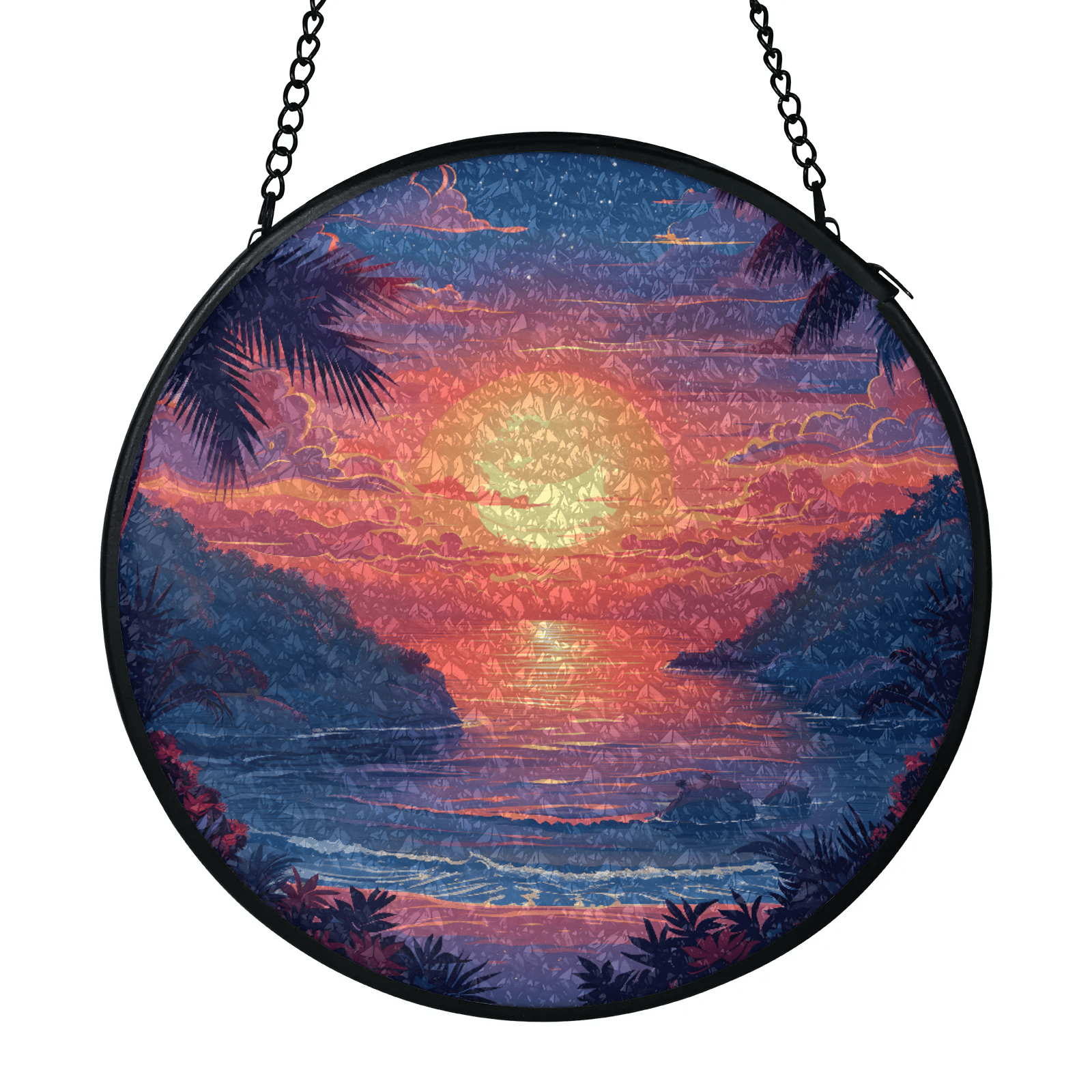 Round Stained Glass Suncatcher, 6.3x6.3In Tropical Sunset Ocean Window ...