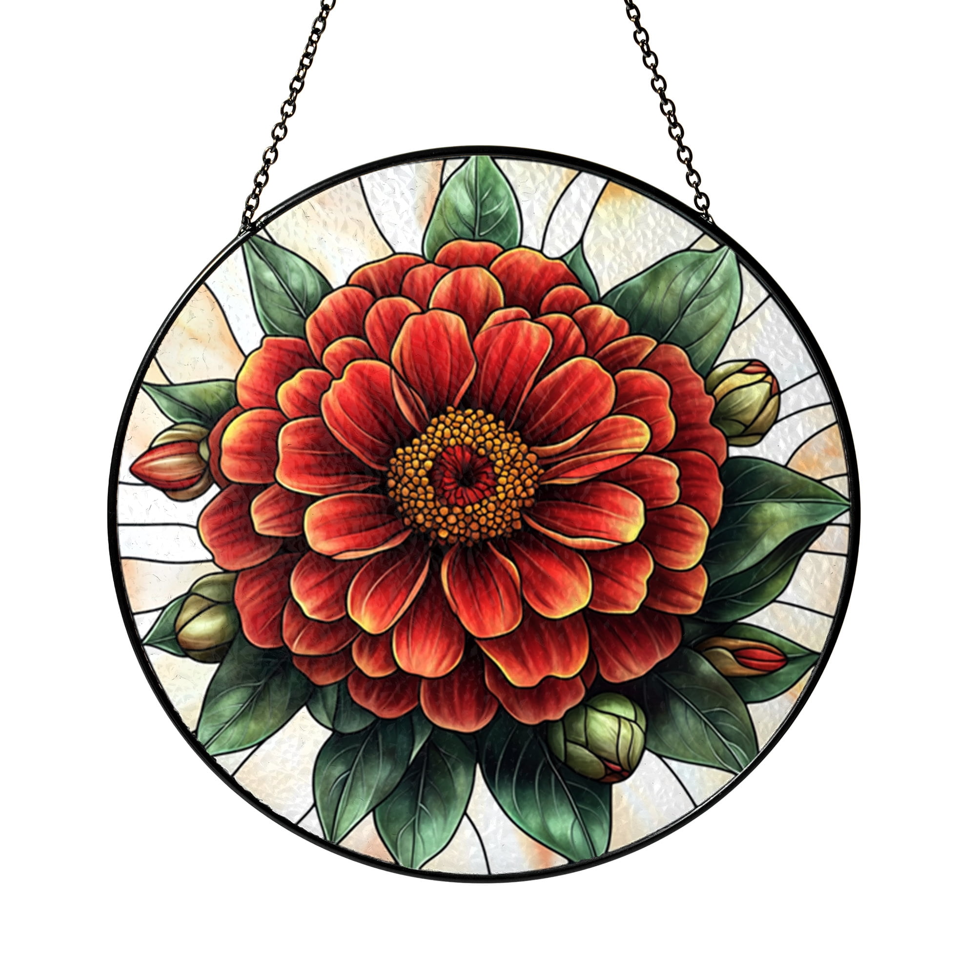 Round Stained Glass Zinnia Window Art Botanical Floral Scene Decorative ...