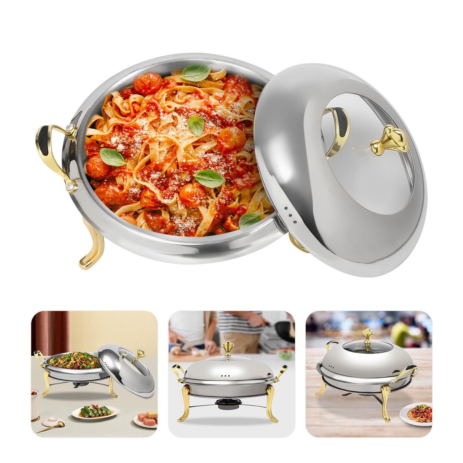 Round Stainless Steel Chafer Chafing Dish Set Buffet Catering Food Warmer & Lid Gold for Hotels ...