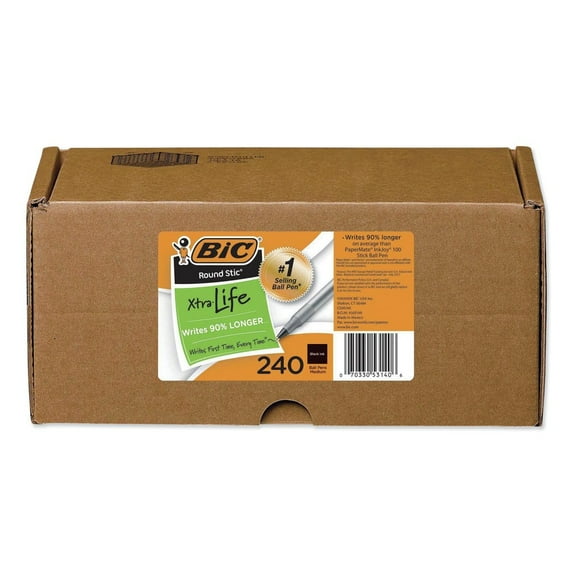 BIC GSM240BK Round Stic Xtra Life Medium 1.2 mm. Stick Ballpoint Pen ...