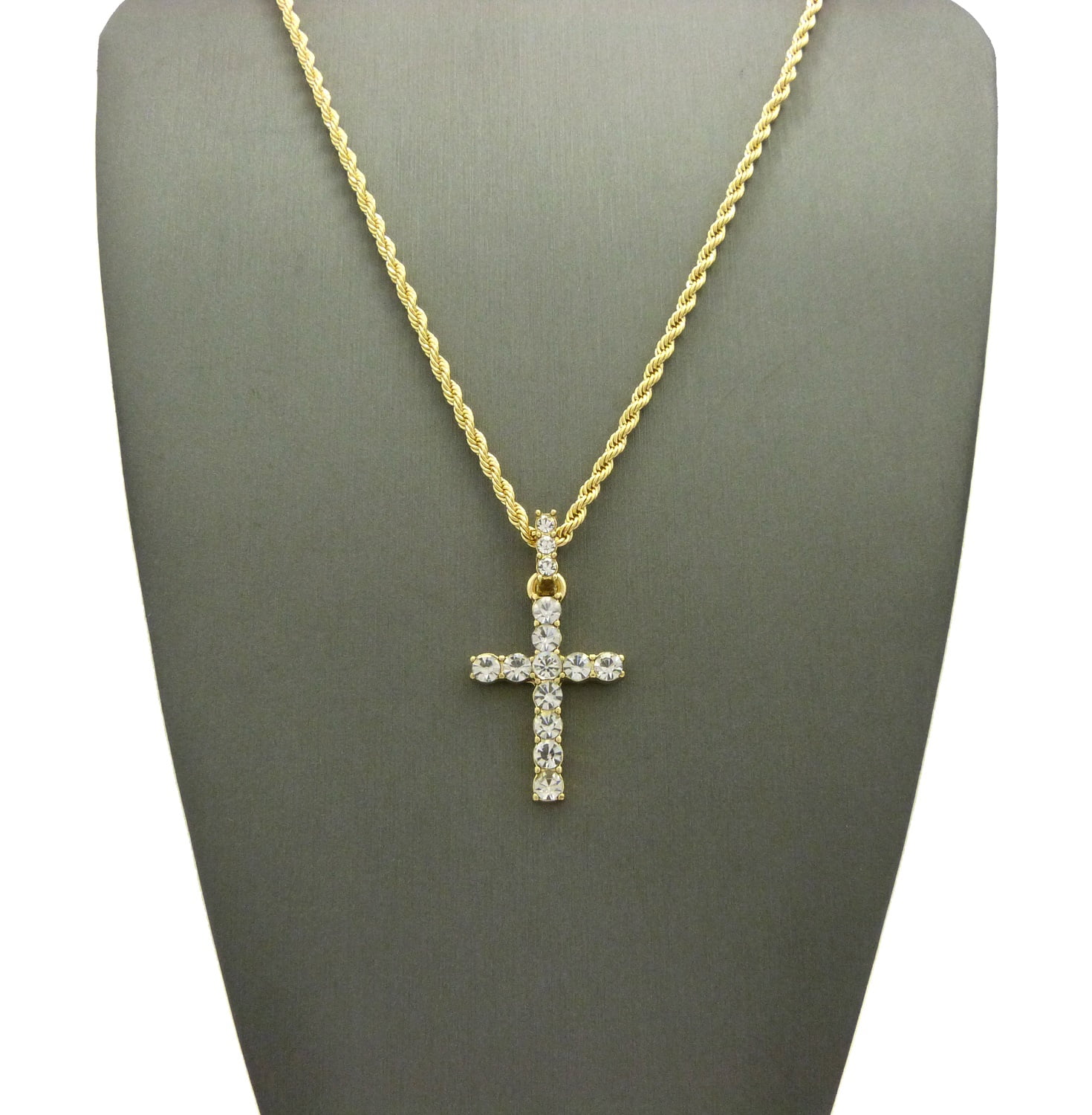 Round Stone Stud Single Row Cross Pendant w 3mm 18 Rope Chain Necklace Gold Tone