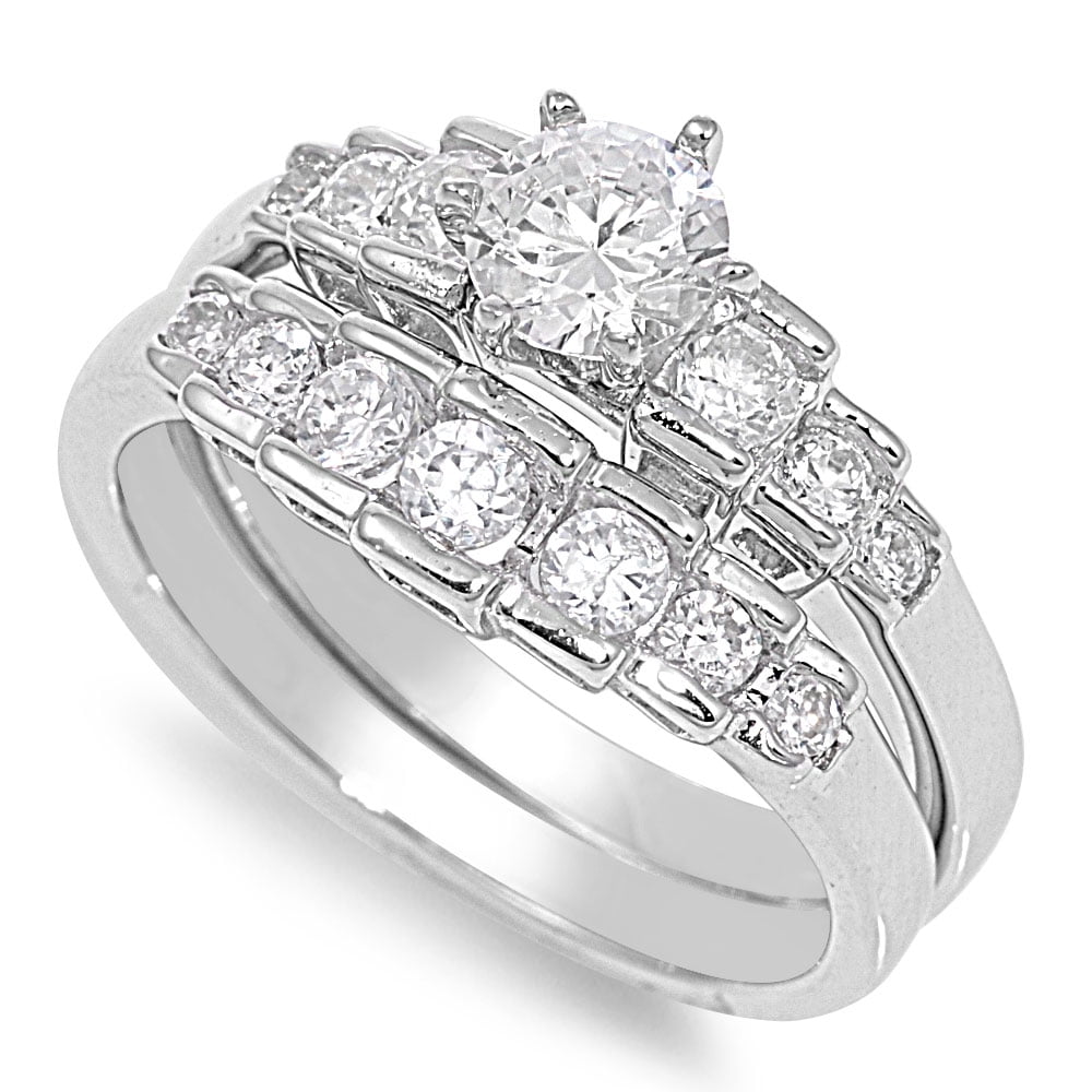 Round Stones with Round Stones Cubic Zirconia Wedding Set Ring Sterling ...