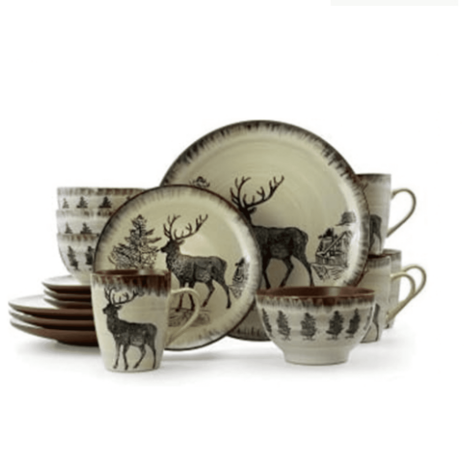 Round Stoneware Cabin Dinnerware Dish Set, 16 Piece, Elk Design with ...