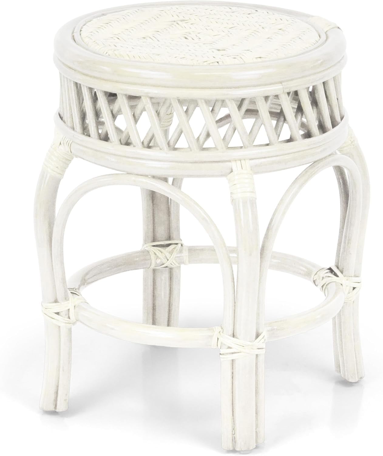 Round Stool Natural Rattan Wicker Fully Assembled Plant Stand, White ...