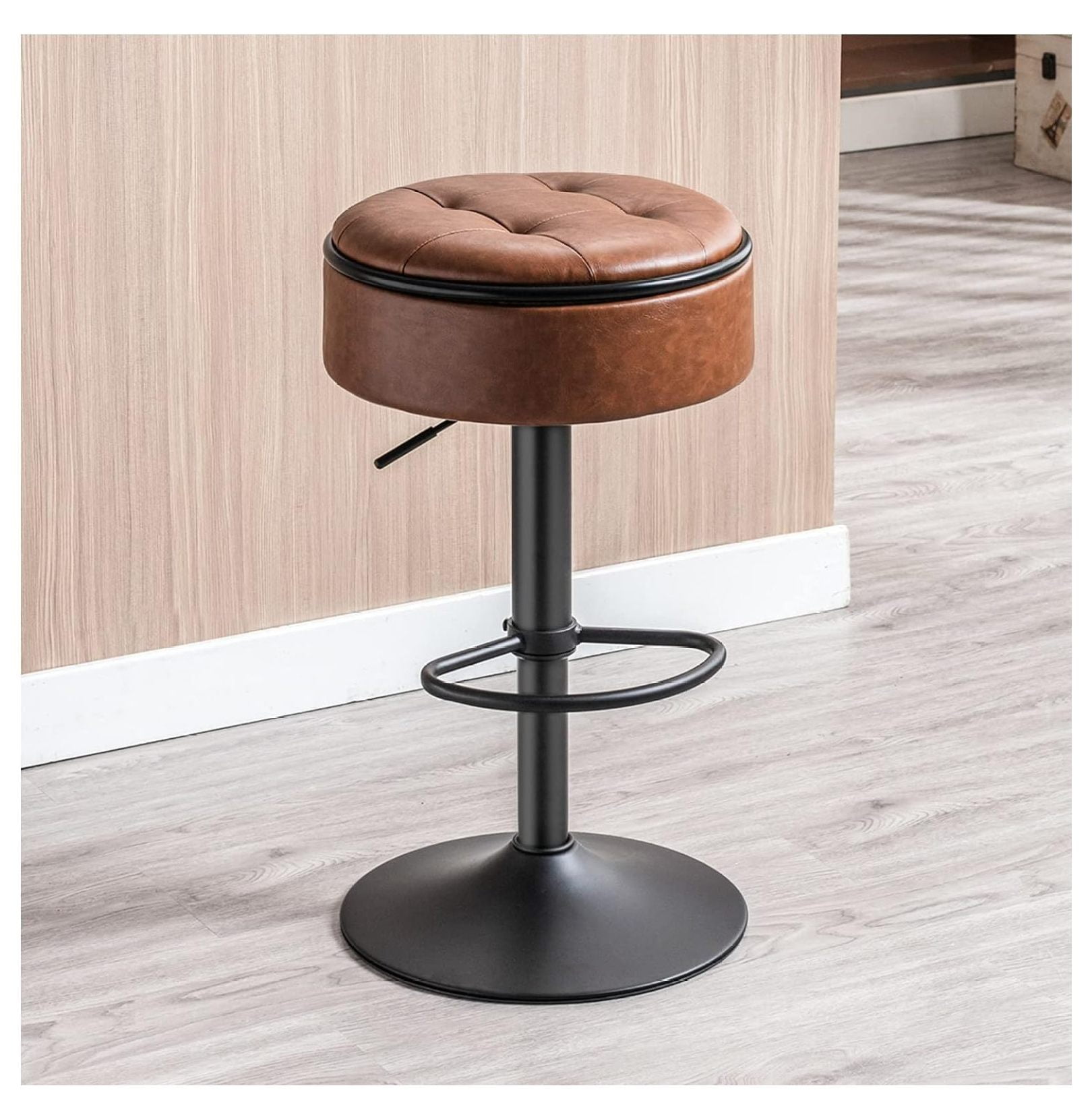 Round Storage Bar Stool, Black Faux Leather Height Adjustable Barstool ...