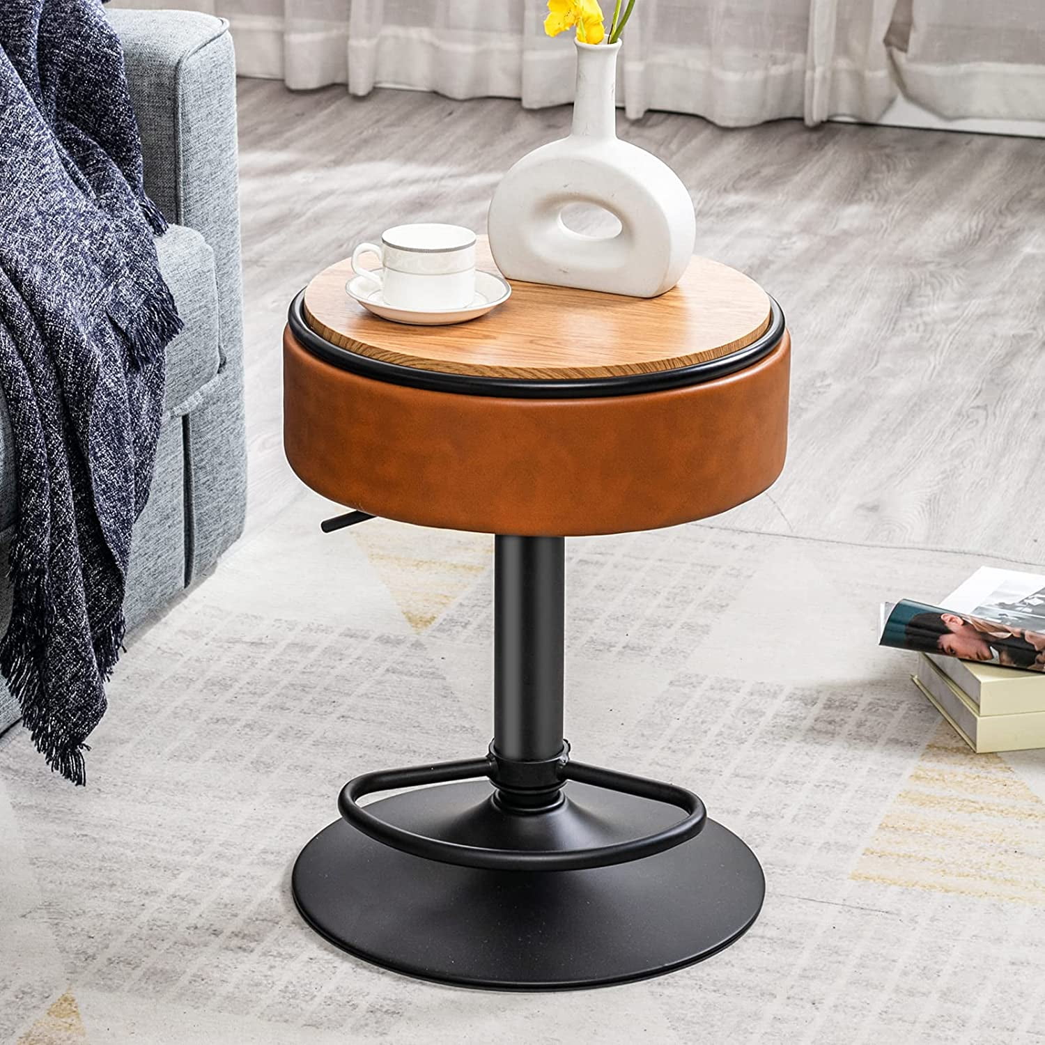 Round Storage Bar Stool, Black Faux Leather Height Adjustable Barstool ...