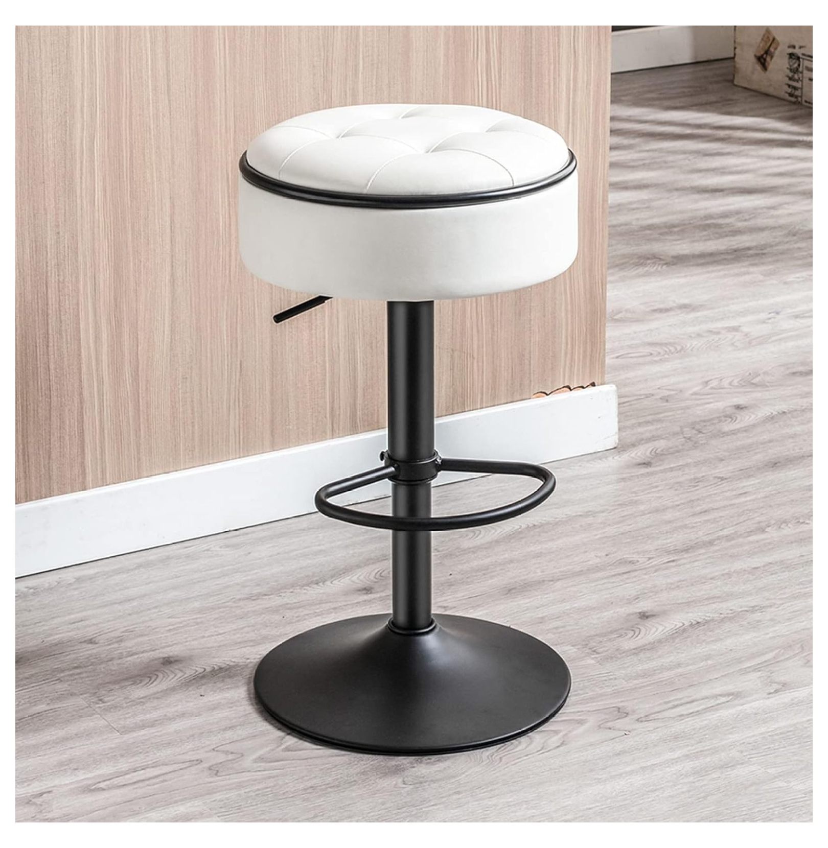 Round Storage Bar Stool, Black Faux Leather Height Adjustable Barstool ...