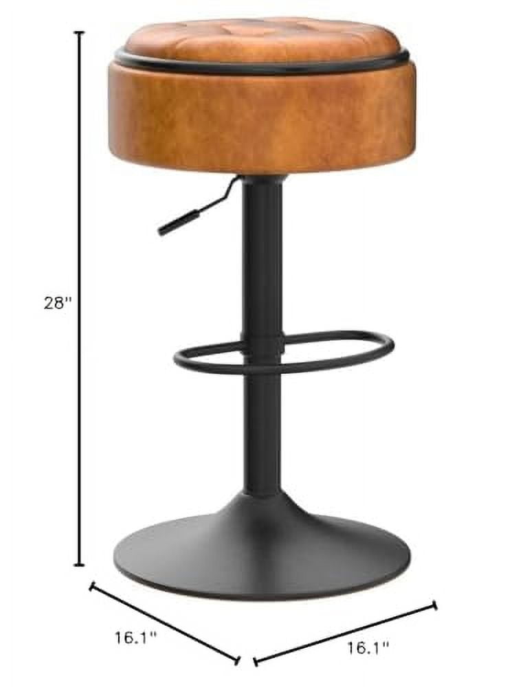 Round Storage Bar Stool, Black Faux Leather Height Adjustable Barstool ...