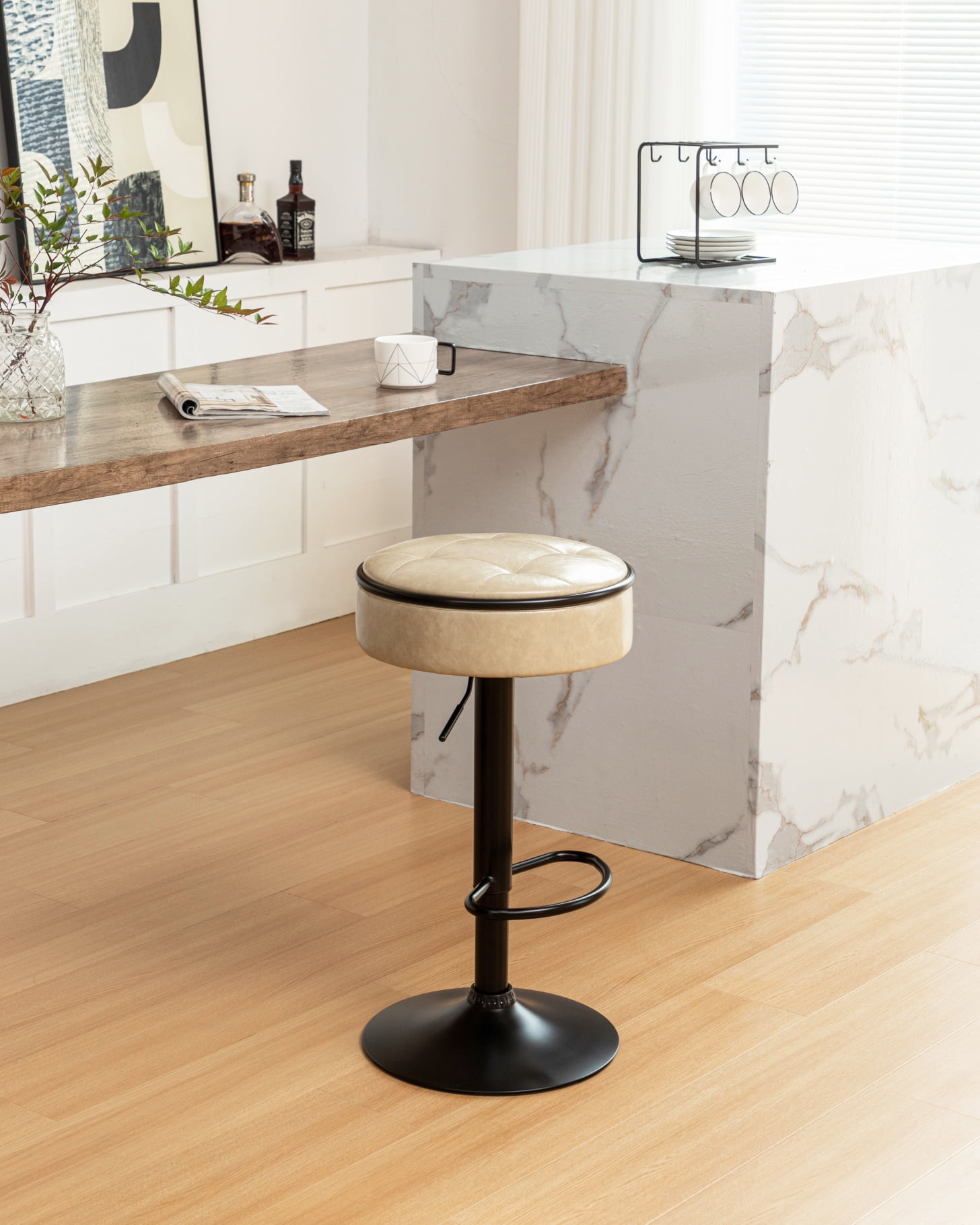Round Storage Bar Stool with Khaki Faux Leather, Height Adjustable Bar ...