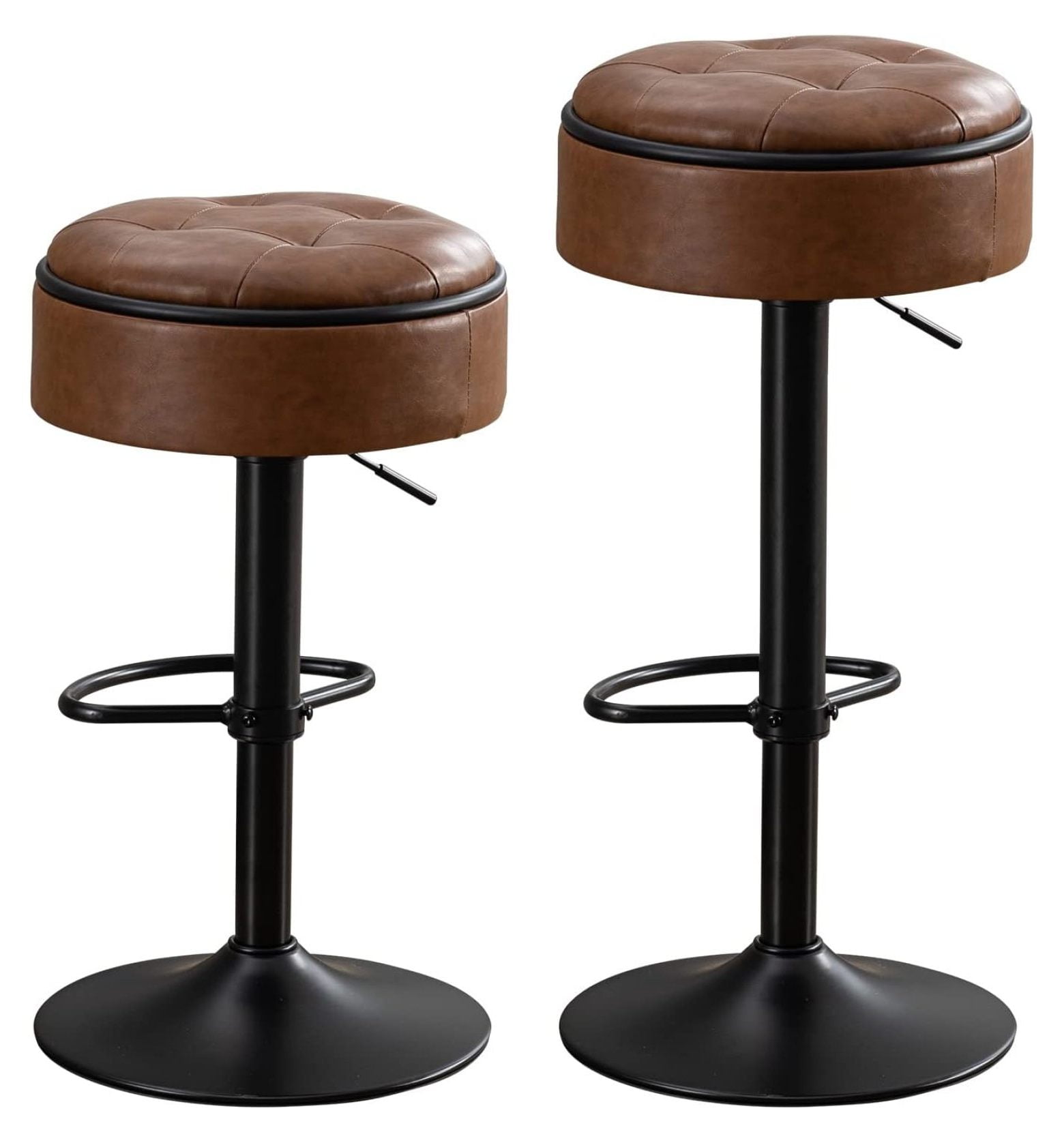 Round Storage Bar Stool Set of 2, Black Faux Leather Height Adjustable ...