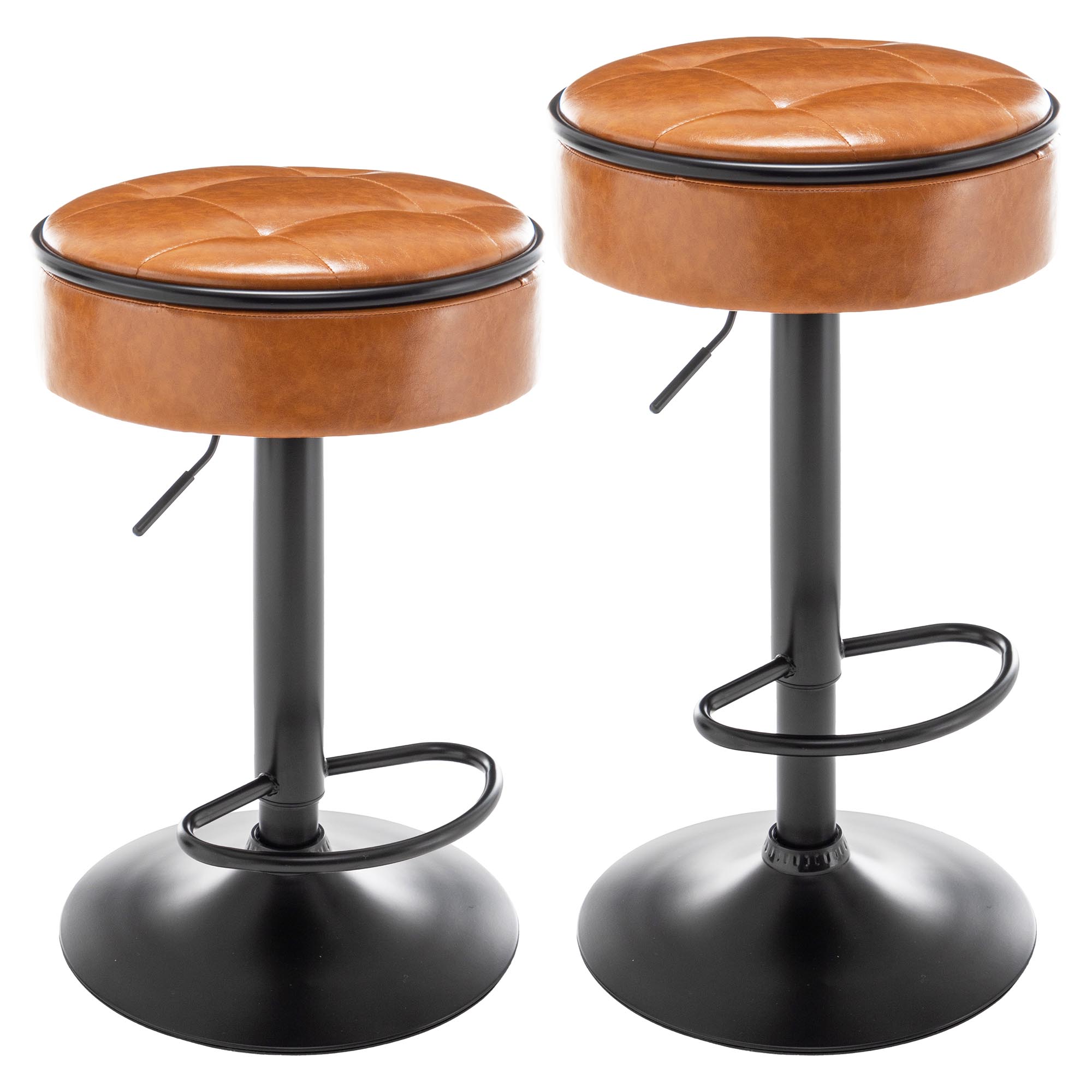 Round Storage Bar Stool Set of 2, Faux Leather Height Adjustable ...