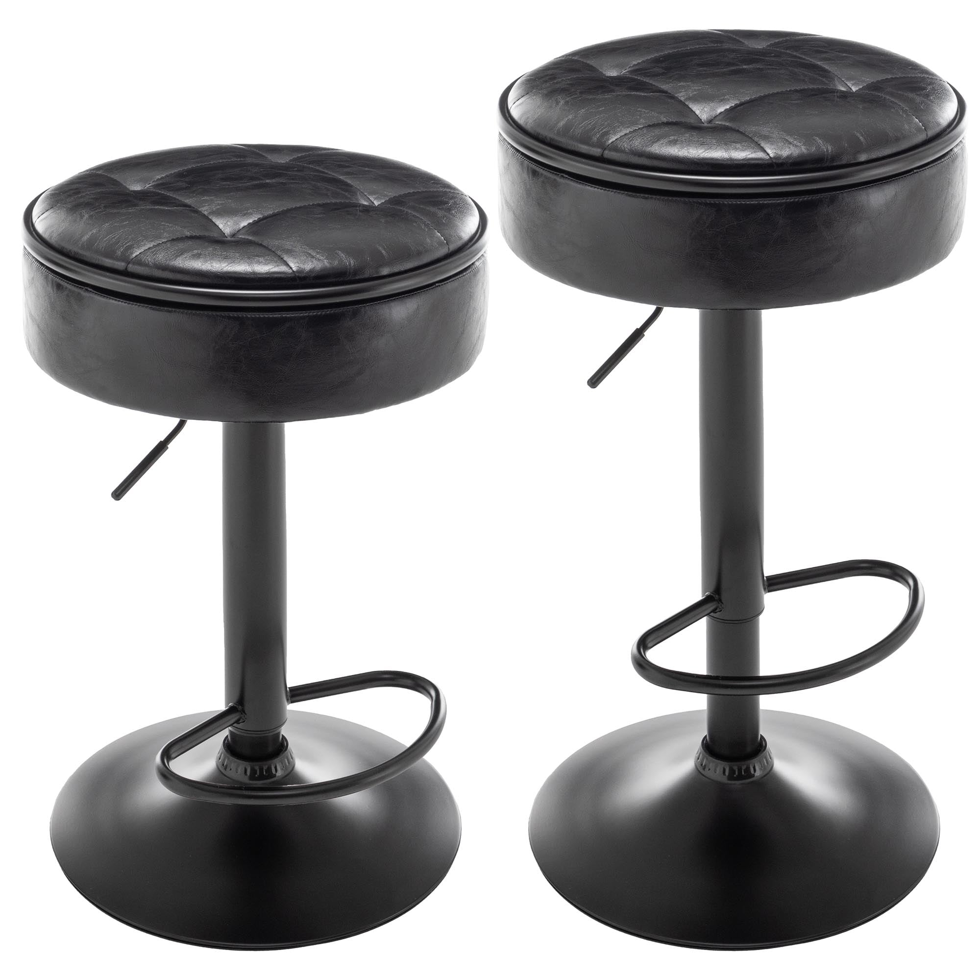 Round Storage Bar Stool Set of 2, Faux Leather Height Adjustable ...