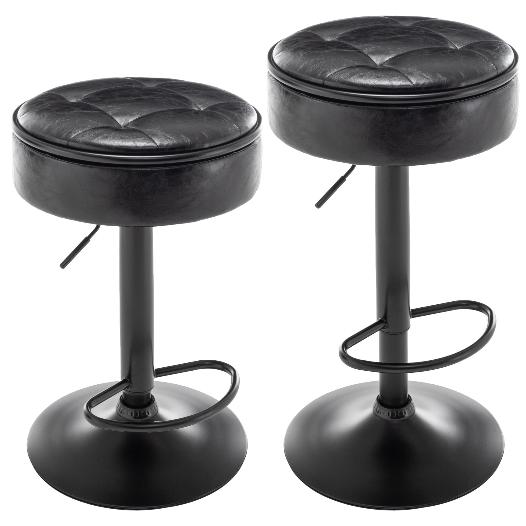 Round Storage Bar Stool Set of 2, PU Height Adjustable Swivel Stool ...