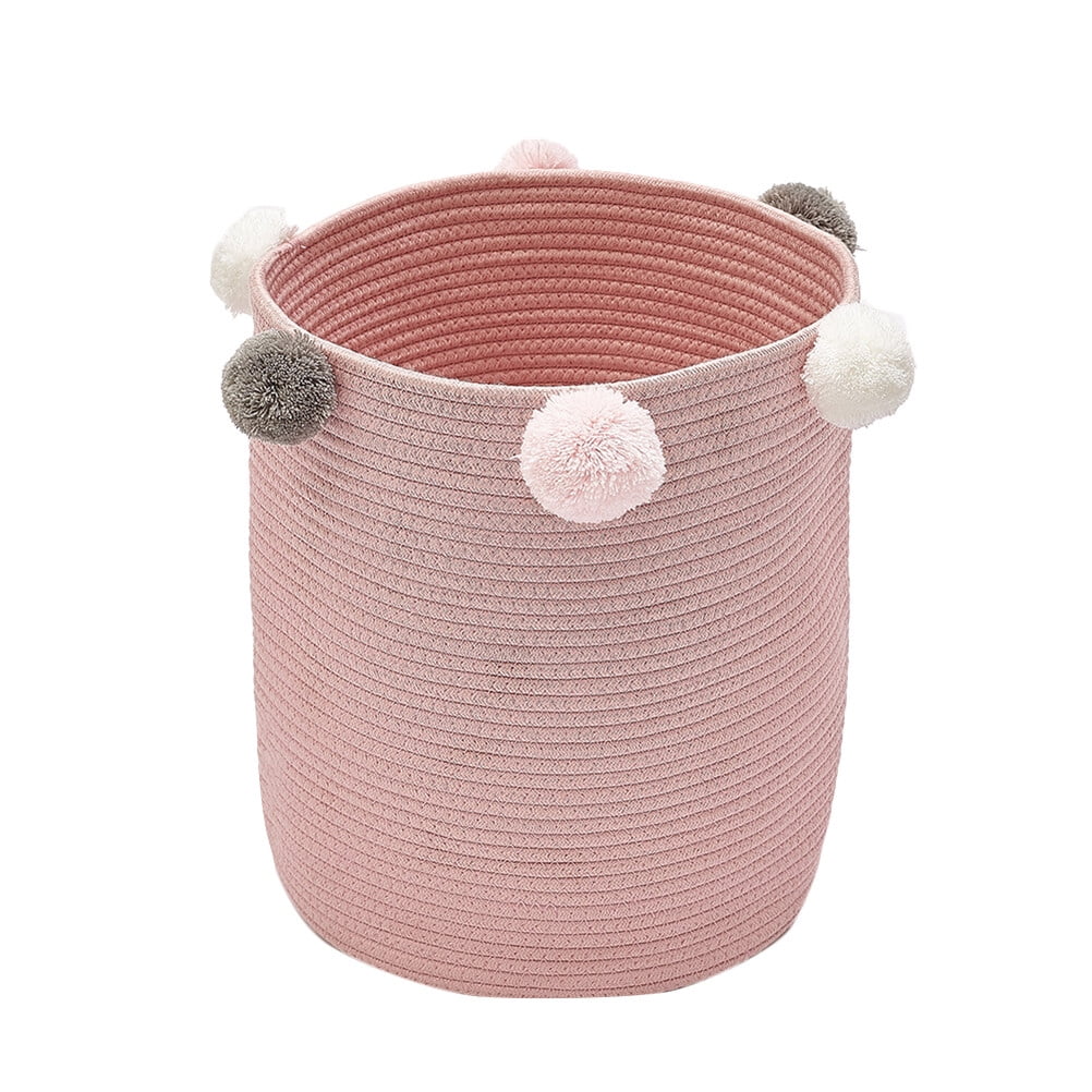 Round Storage Container Sundries Bucket with Pom Decor Cotton Clothes ...