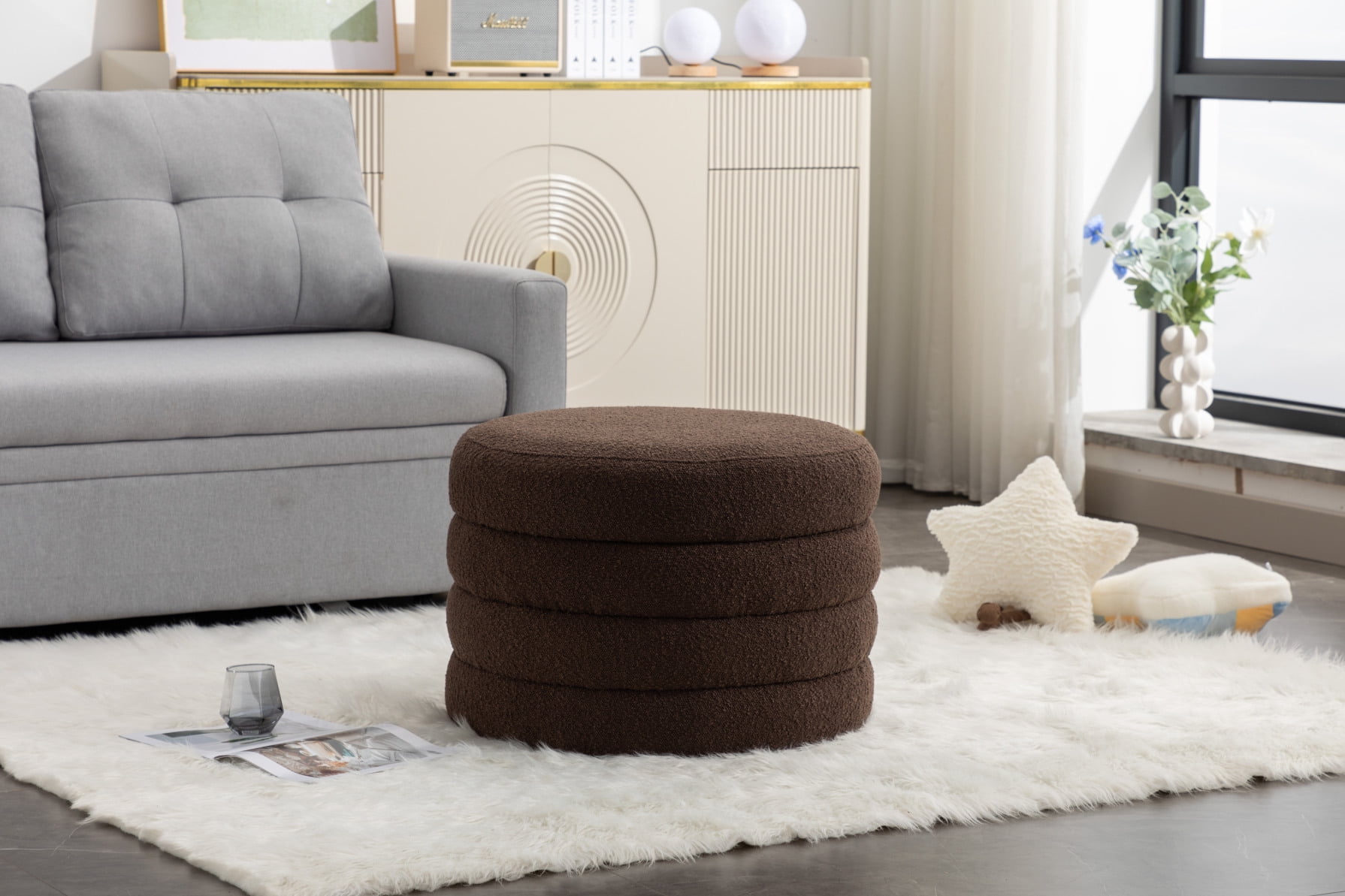 Round Storage Ottoman with 54L Storage Space, Boucle Footstool Footrest ...