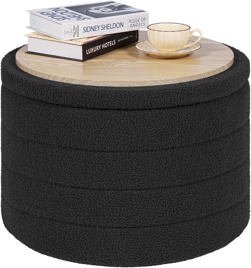 Round Storage Ottoman, Foldable Sherpa Ottoman Footstool Storage with ...