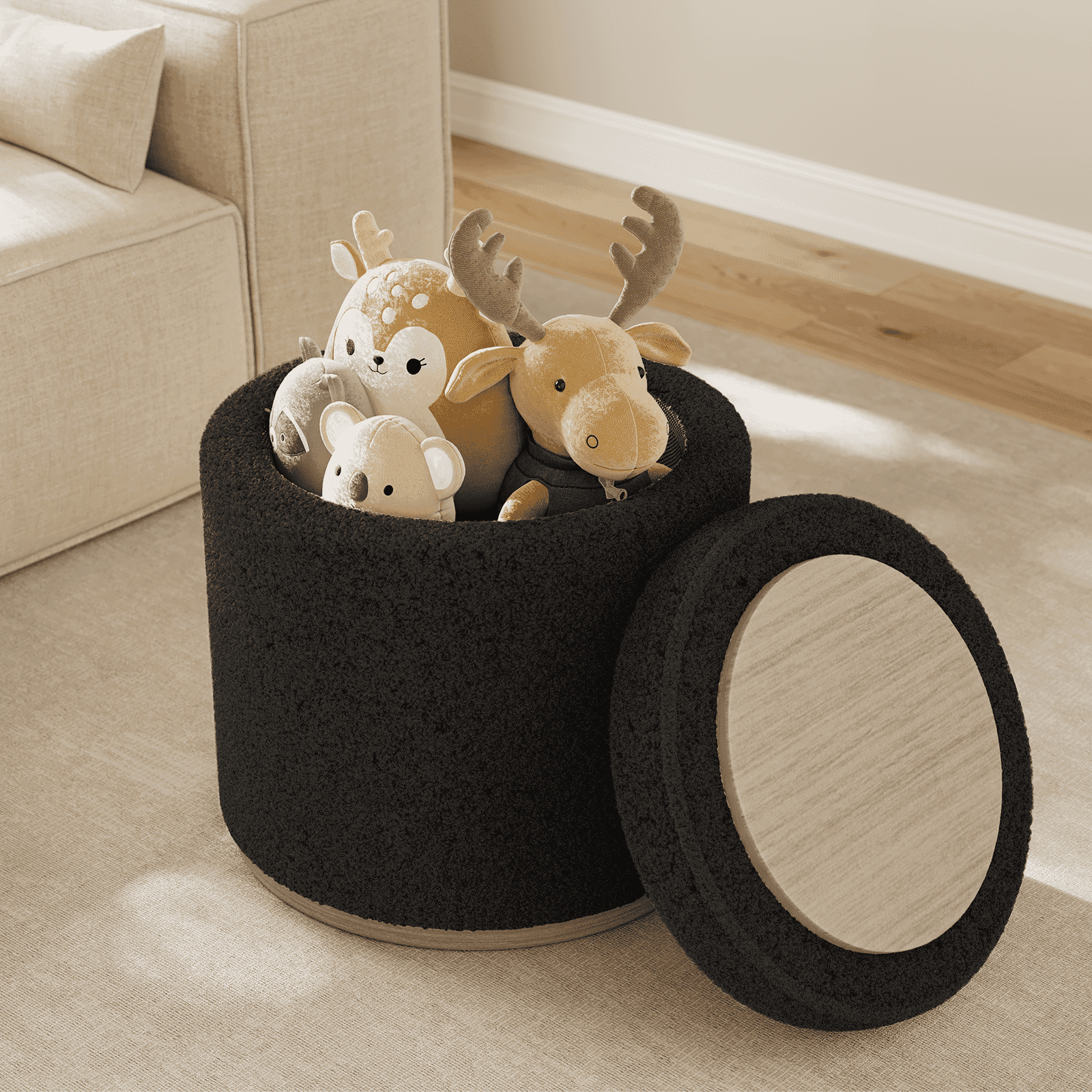Round Storage Ottoman Foot Rest - Sherpa Upholstered Foot Stool, Vanity ...