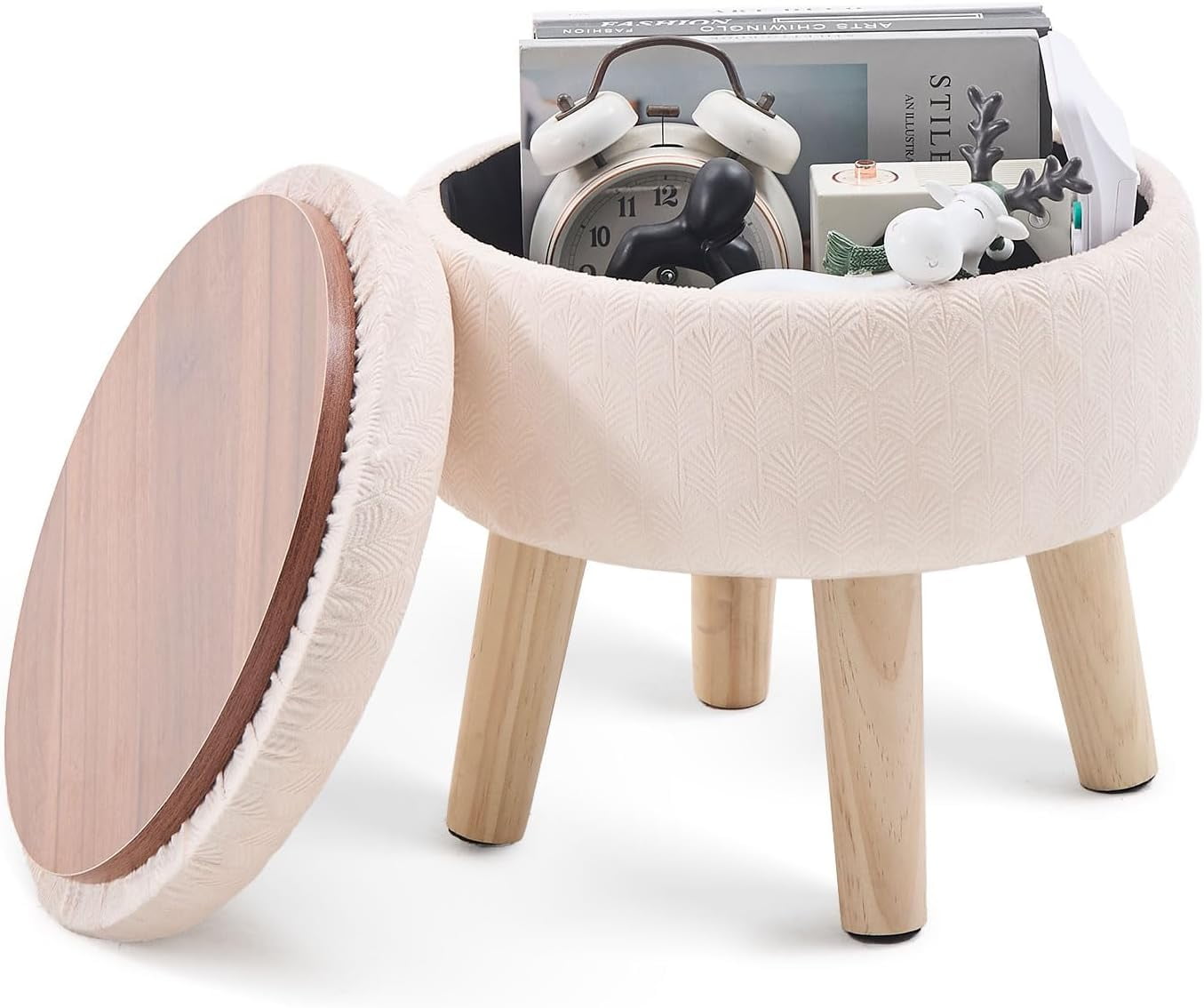 Round Storage Ottoman Footstool with Removable Lid Soft Padded Footrest ...