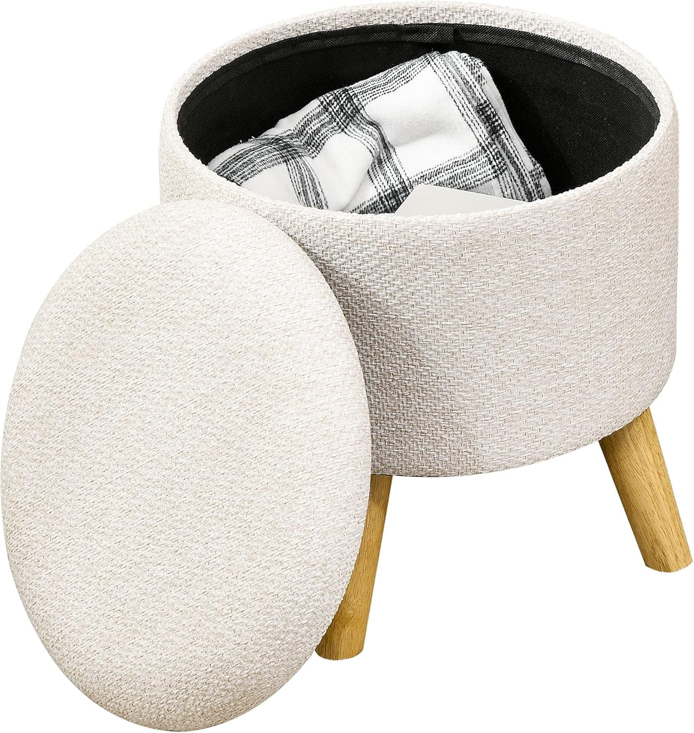Round Storage Ottoman, Linen Fabric Foot Stool with Removable Top ...