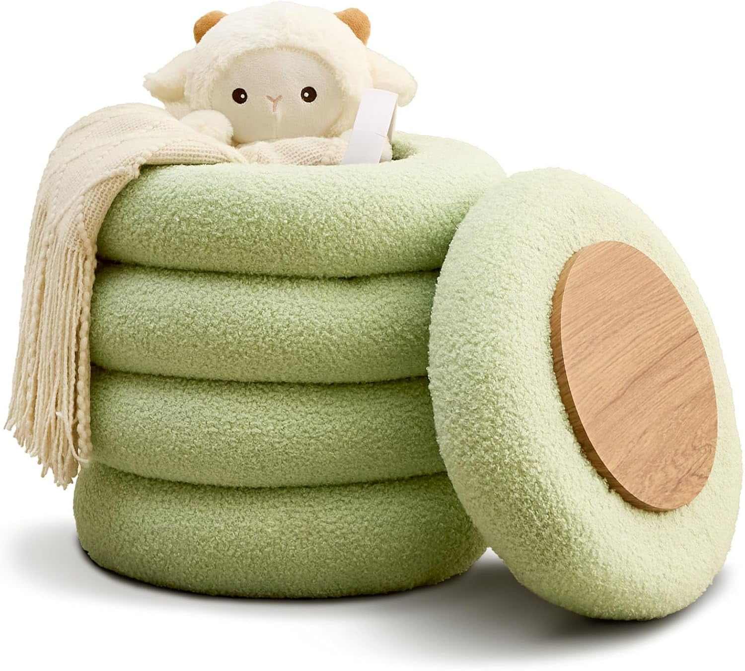 Round Storage Ottoman, Modern Sherpa Footstool, Teddy Vanity Stool with ...