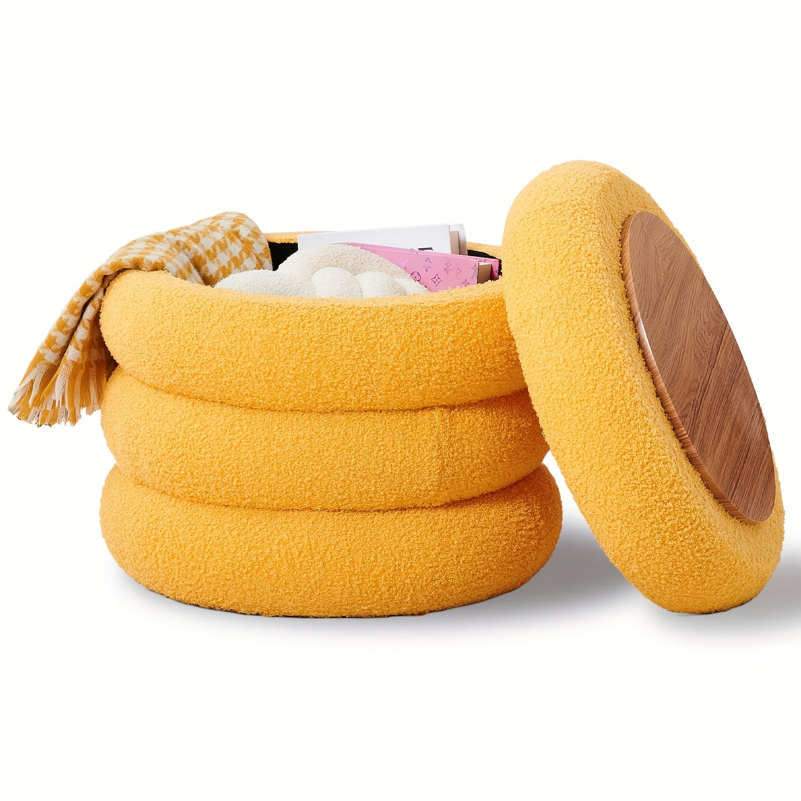 Round Storage Ottoman, Modern Sherpa Footstool, Teddy Vanity Stool With ...