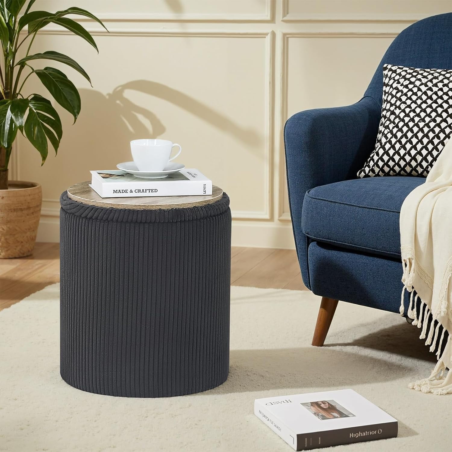 Round Storage Ottoman with Reversible Tray Lid - Upholstered Corduroy ...