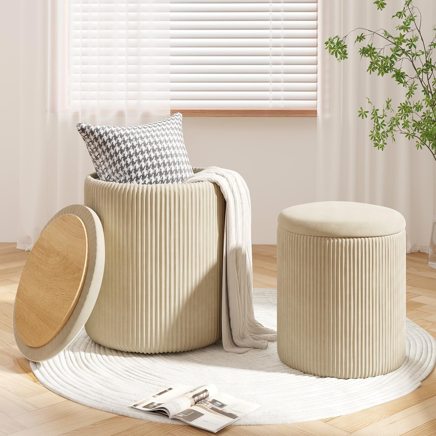 Round Storage Ottoman Set of 2, Beige Velvet Foot Rest Stool with ...